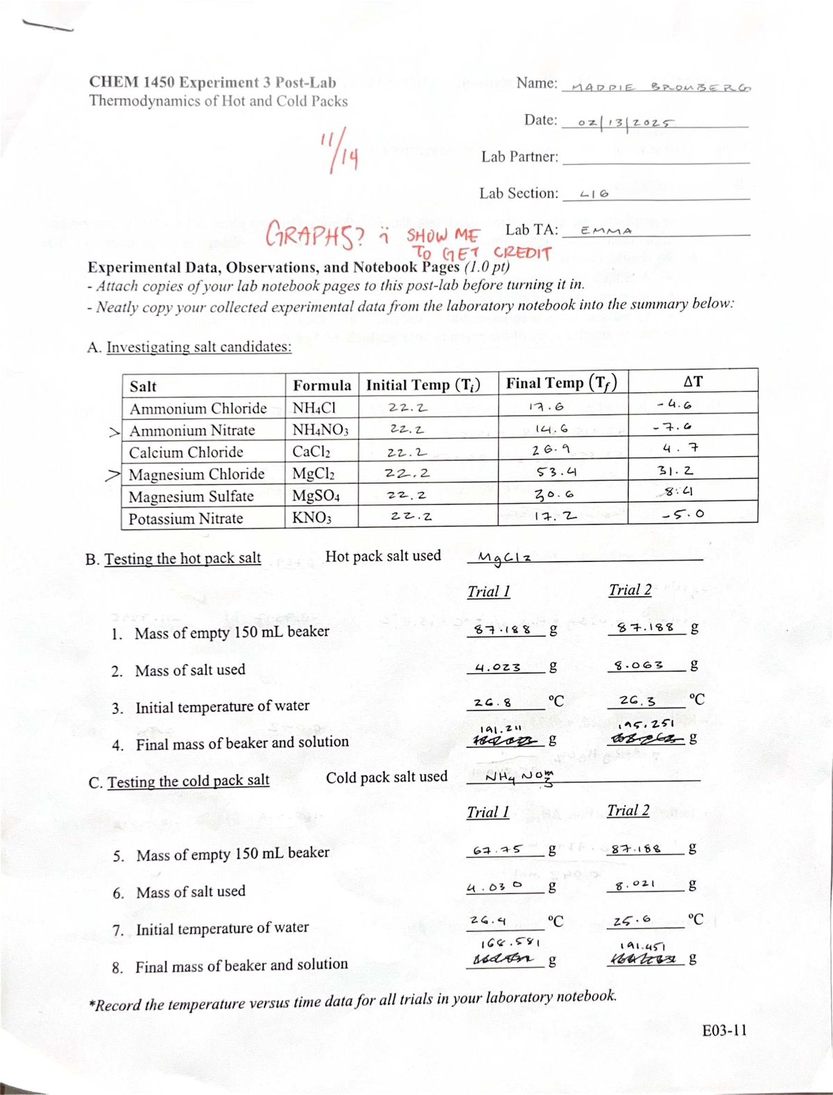 CHEM 1450 Lab 3 Post-Experiment: Thermodynamics of Heat Packs - Studocu