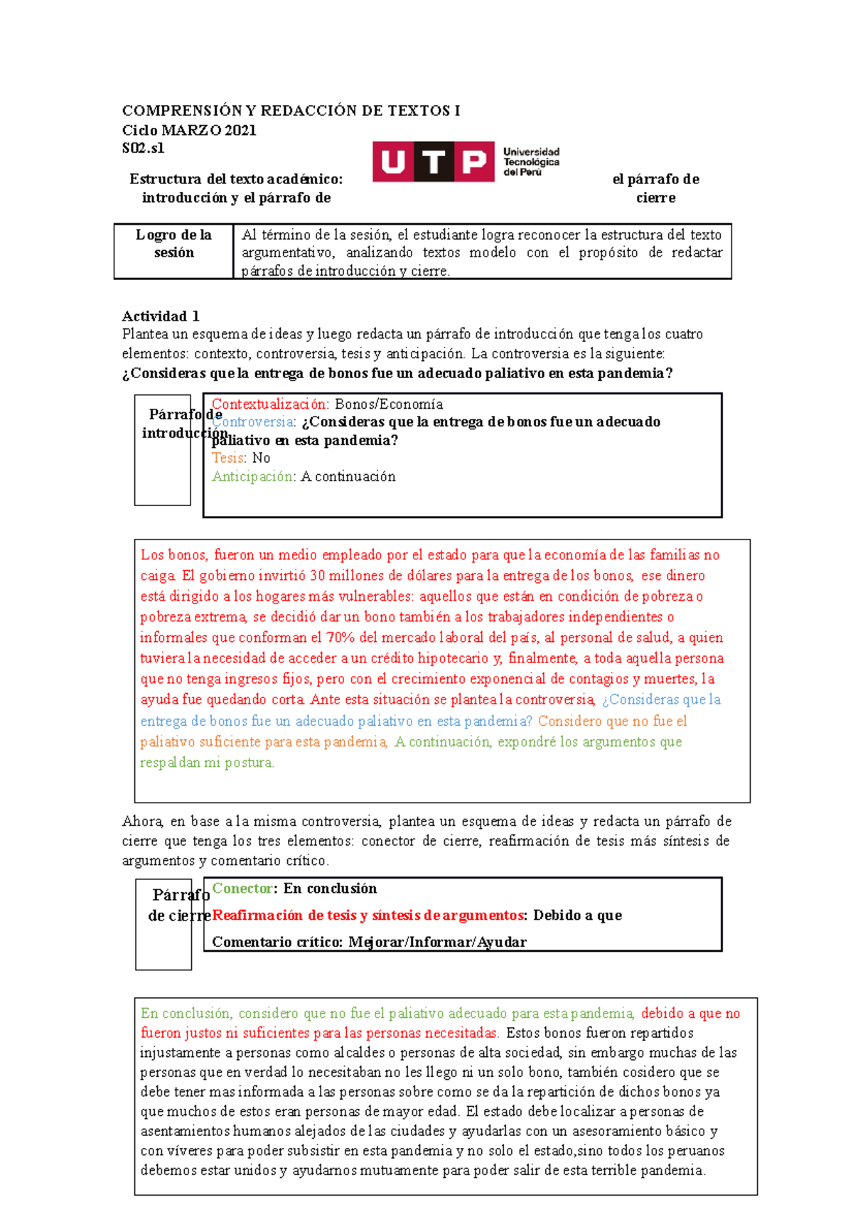 Párrafo Introducción y cierre Redaccion de textos Utp 2020 ...