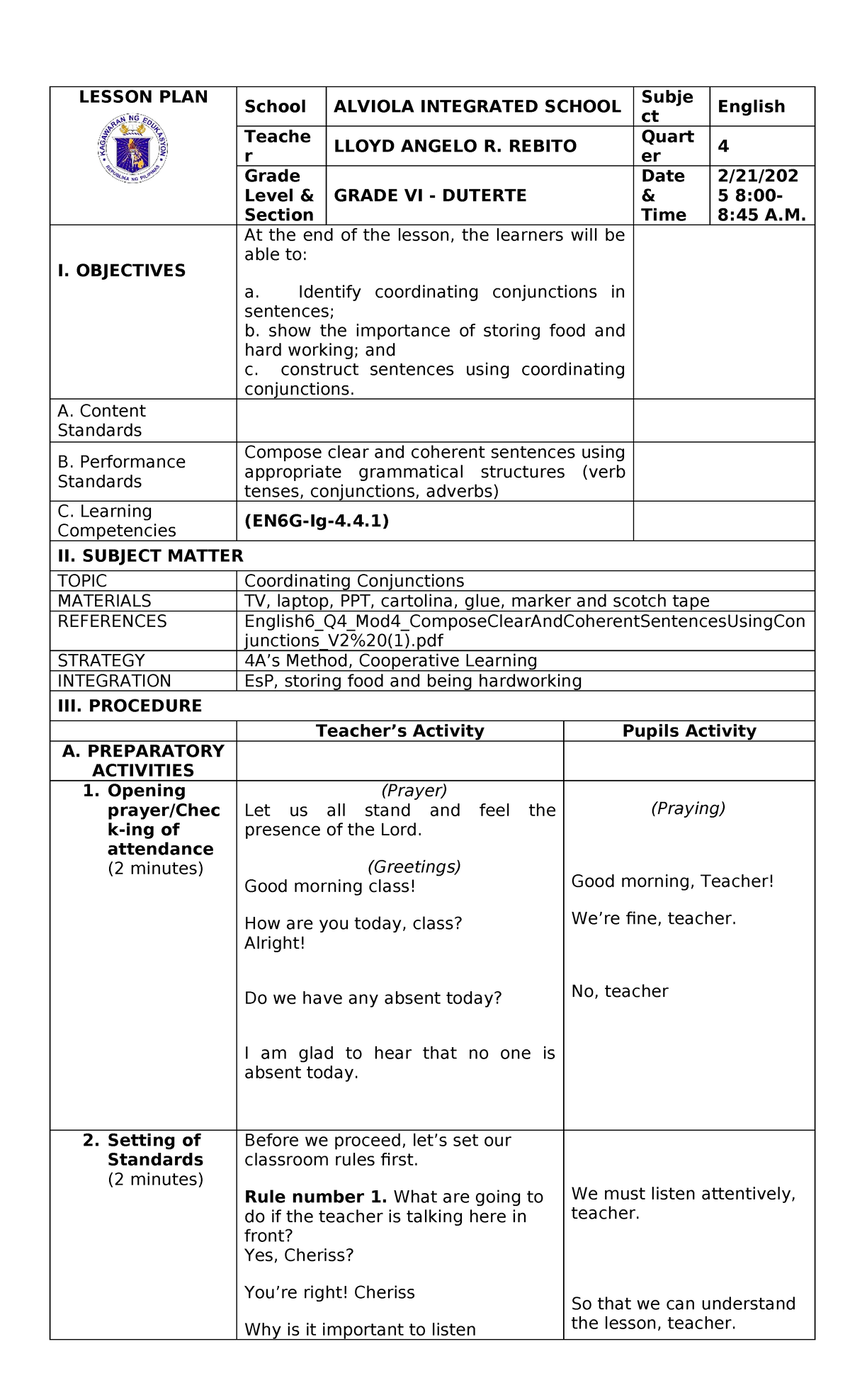 English 6 - Lesson Plan on Coordinating Conjunctions for Grade VI - Studocu