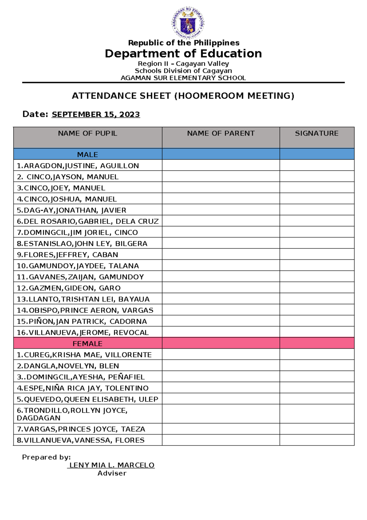 Attendance Sheet - HJKLL Homeroom Meeting, Sept 15, 2023 - Studocu