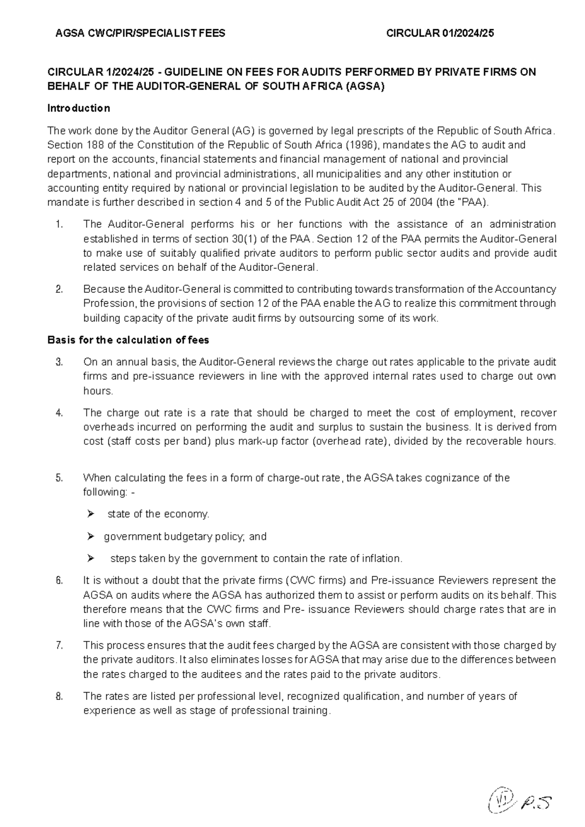 AGSA Circular 01/2024-25: Guidelines on Charge Out Rates for Audits ...