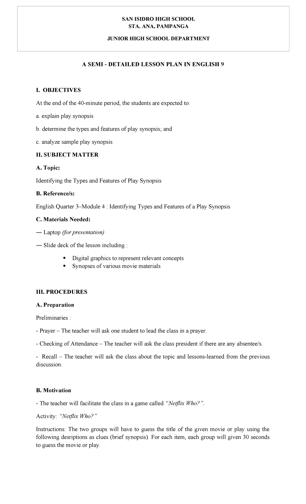 Semi-Detailed Lesson Plan on Play Synopsis for English 9 - Studocu