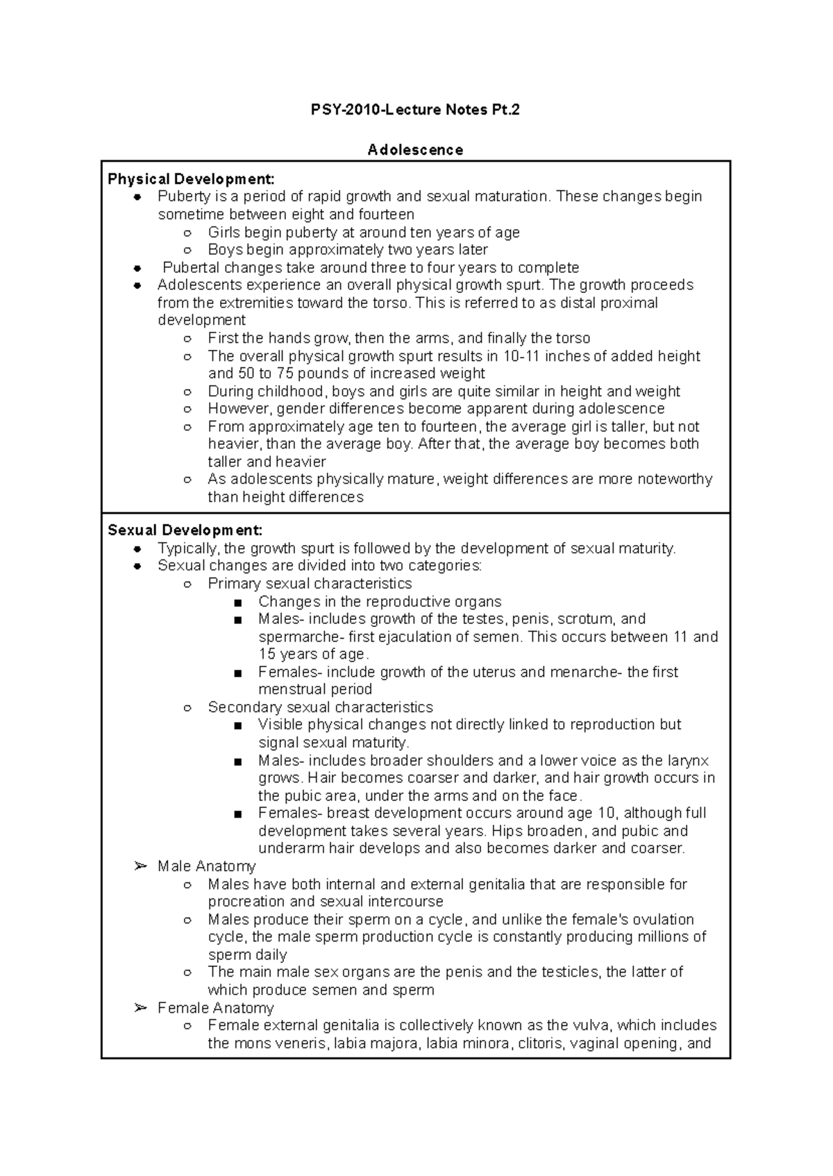PSY-2010: Lecture Notes on Adolescent Physical & Sexual Development ...
