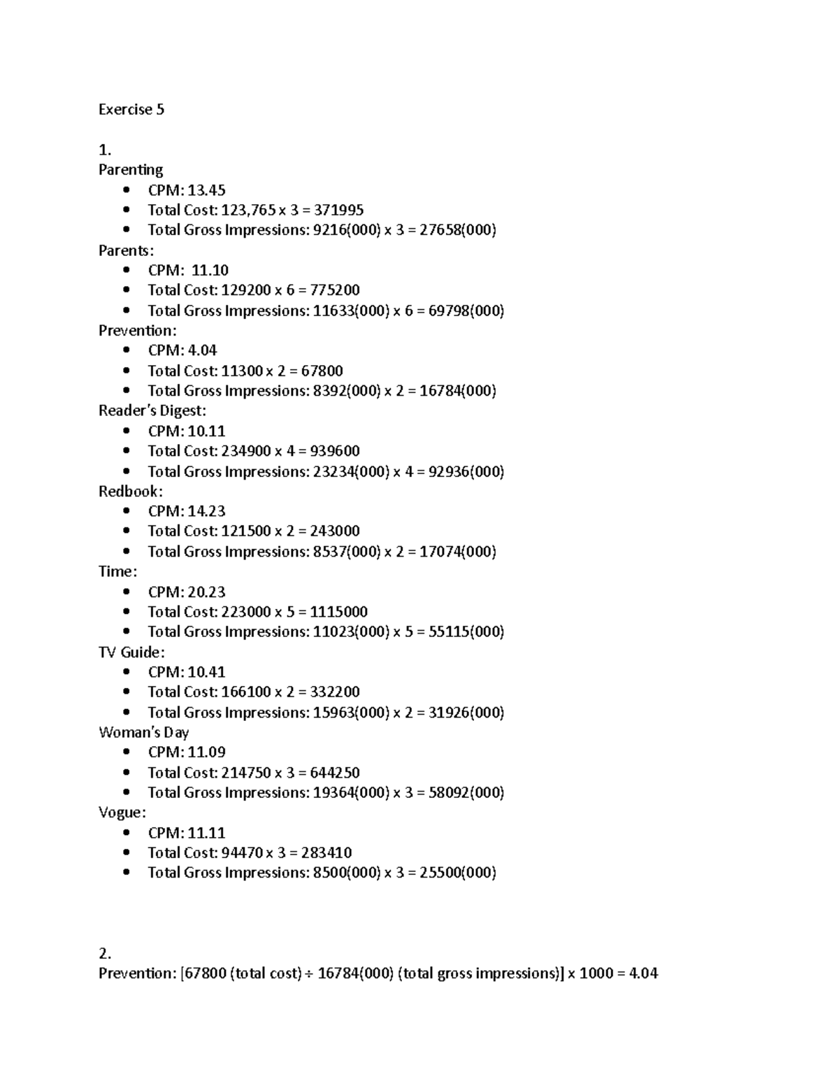Exercise 5 Media Flight Plan - Exercise 5 1. Parenting CPM: 13 Total ...