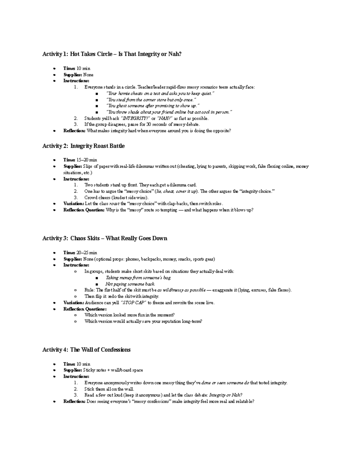 Lesson Plan: Integrity Activities - Engaging Scenarios and Reflections ...