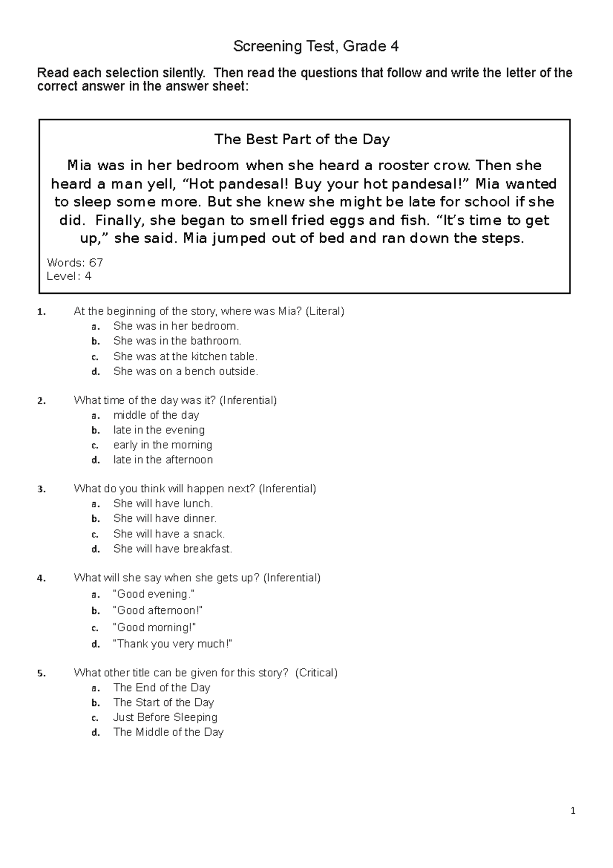 Grade 4 - ENGLISH READING TEXT FOR STRUGLING STUDENTS FROM PHIL IRI ...