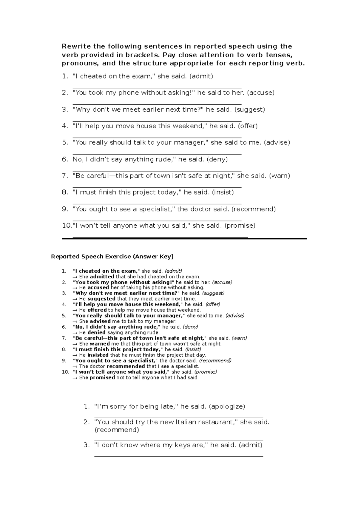 Reported Speech Exercise C1 - English - Studocu