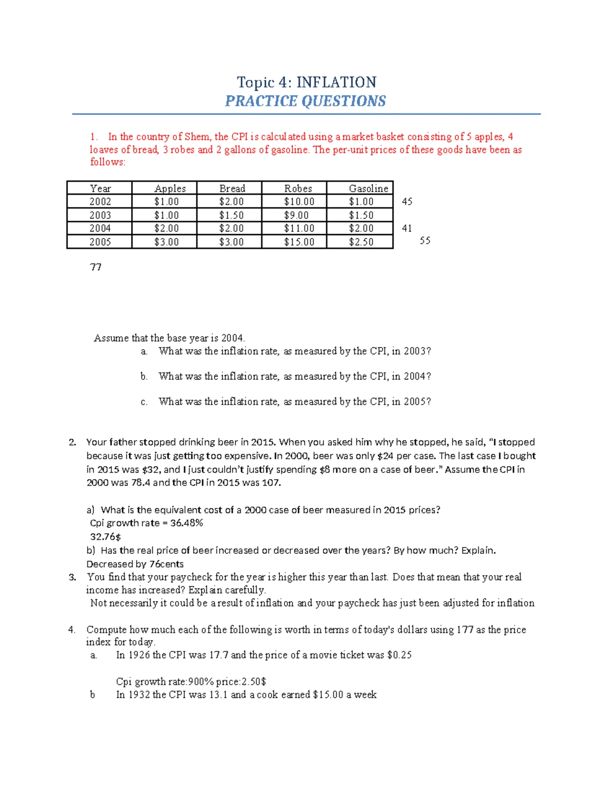 Topic 4: Inflation - Practice Questions & Answers (CPI Analysis) - Studocu