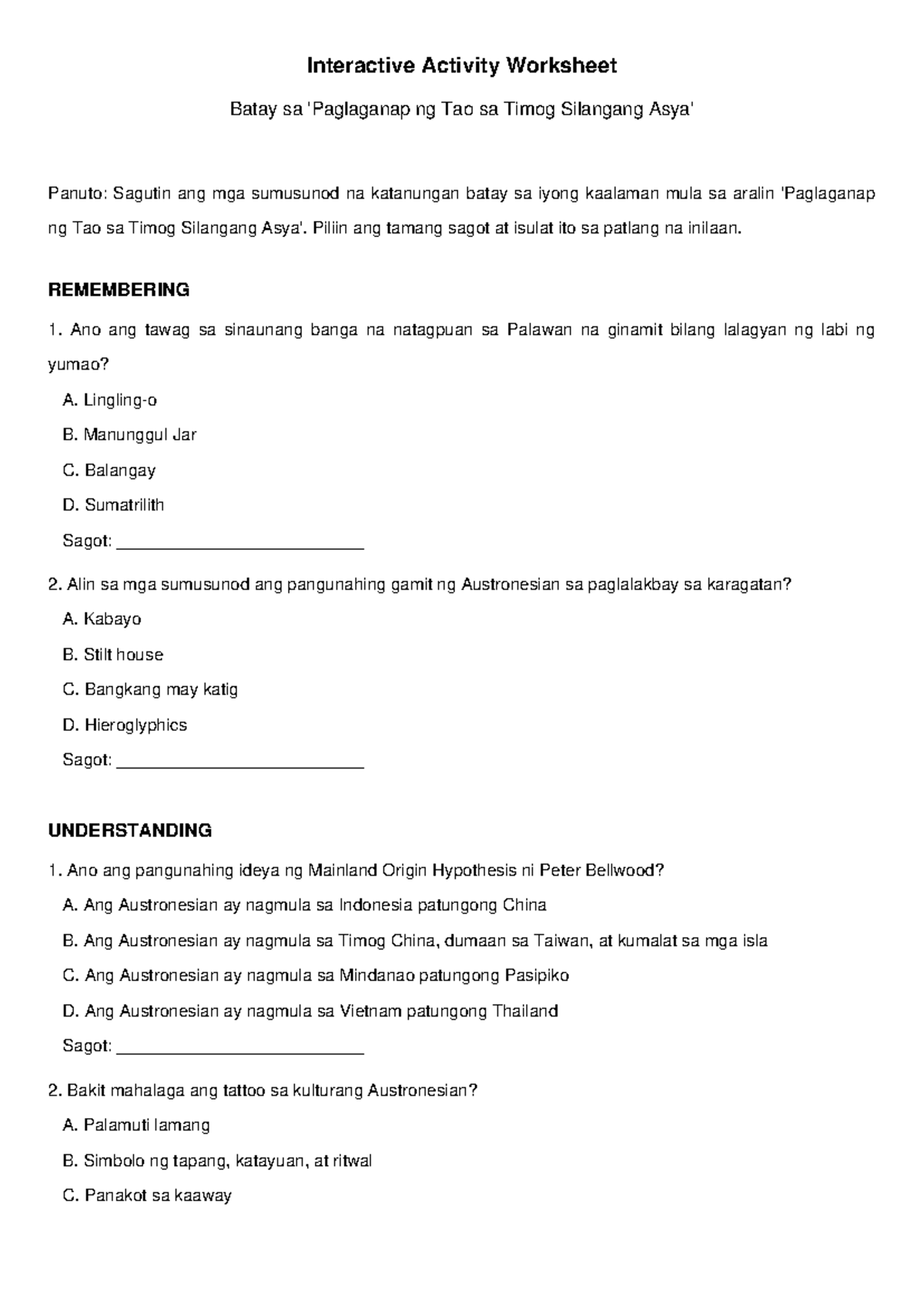 Interactive Activity Worksheet: Tao sa Timog Silangang - Studocu