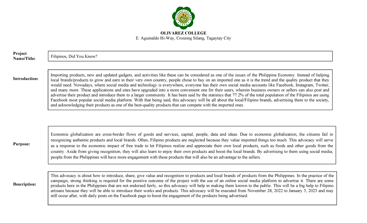 Advocacy Project Proposal: Promoting Local Filipino Brands - Studocu