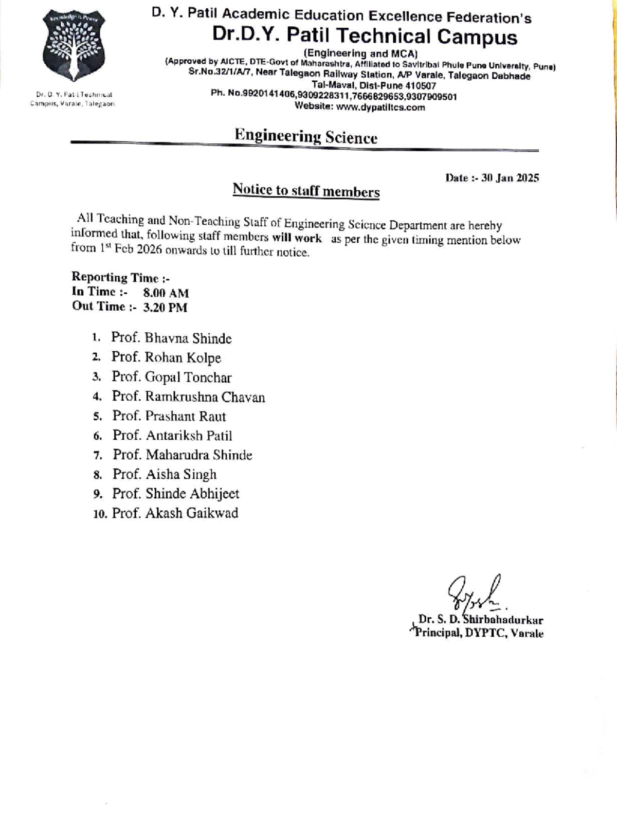 Notice for Engineering Science Staff - DYPTC, Feb 2026 Onwards - Studocu