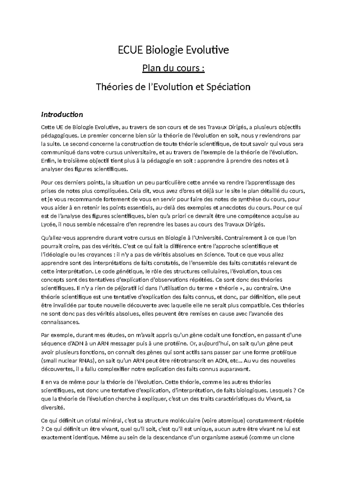 Cours Bio Evo partie V - ECUE Biologie Evolutive Plan du cours ...