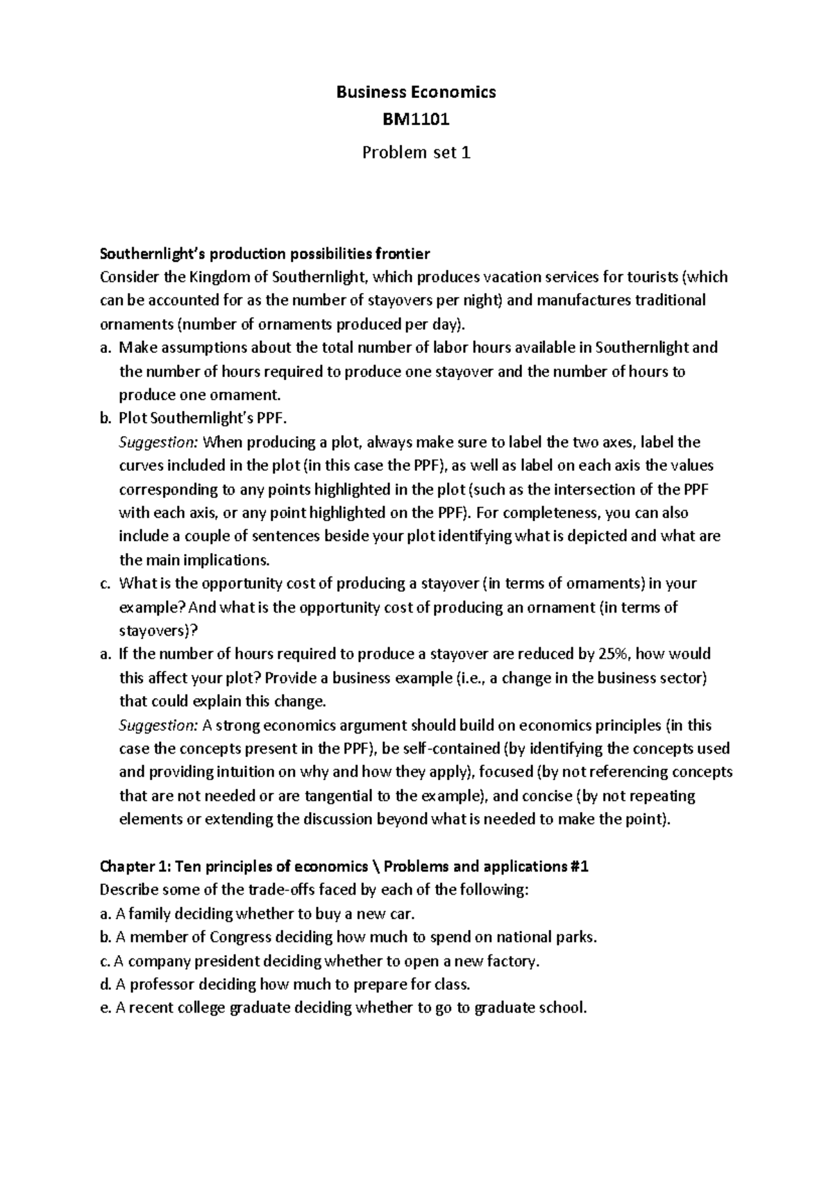 BM1101 Problem Set 1: Production Possibilities Frontier Analysis - Studocu