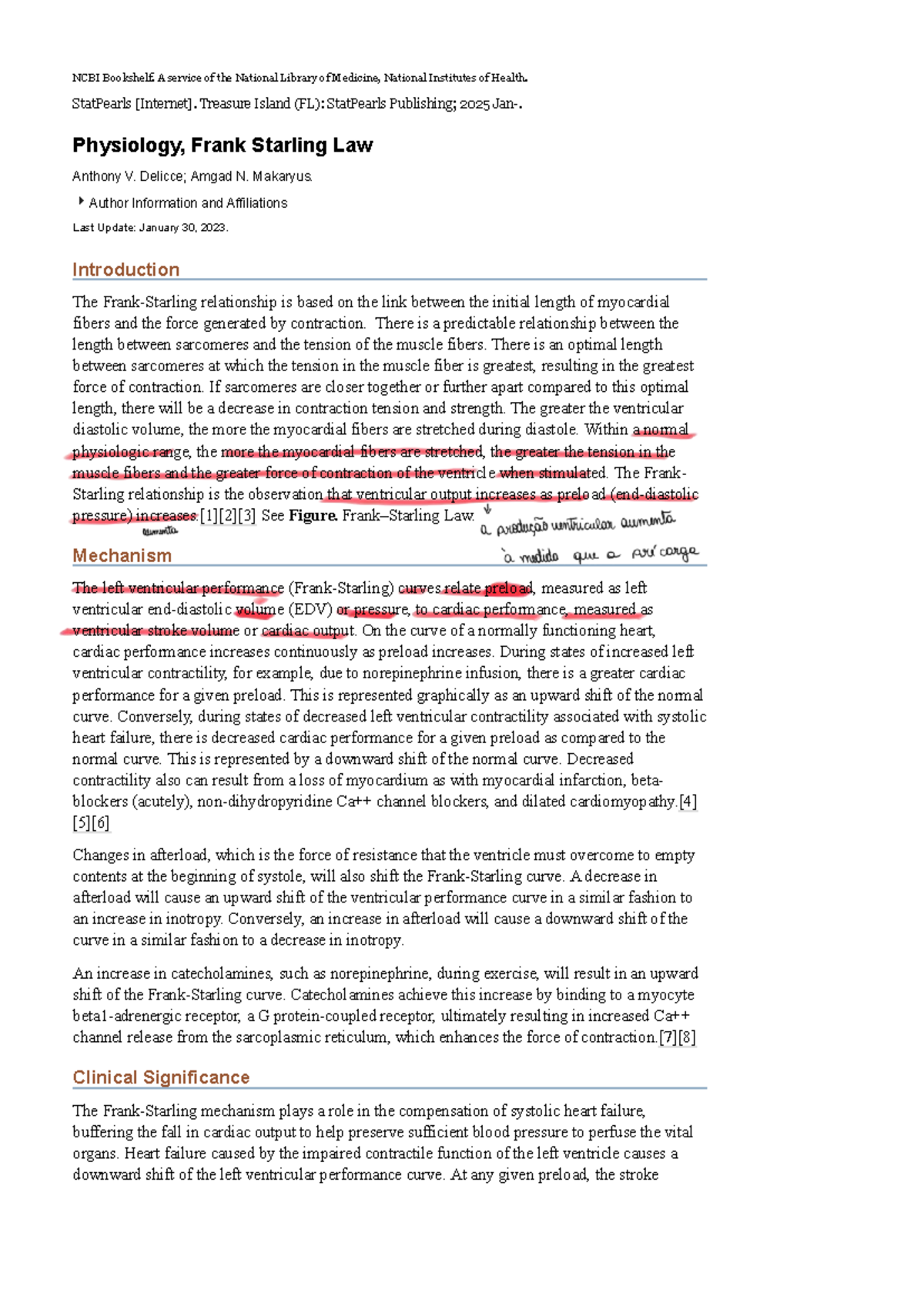 Physiology of the Frank Starling Law - StatPearls NCBI 2025 - Studocu