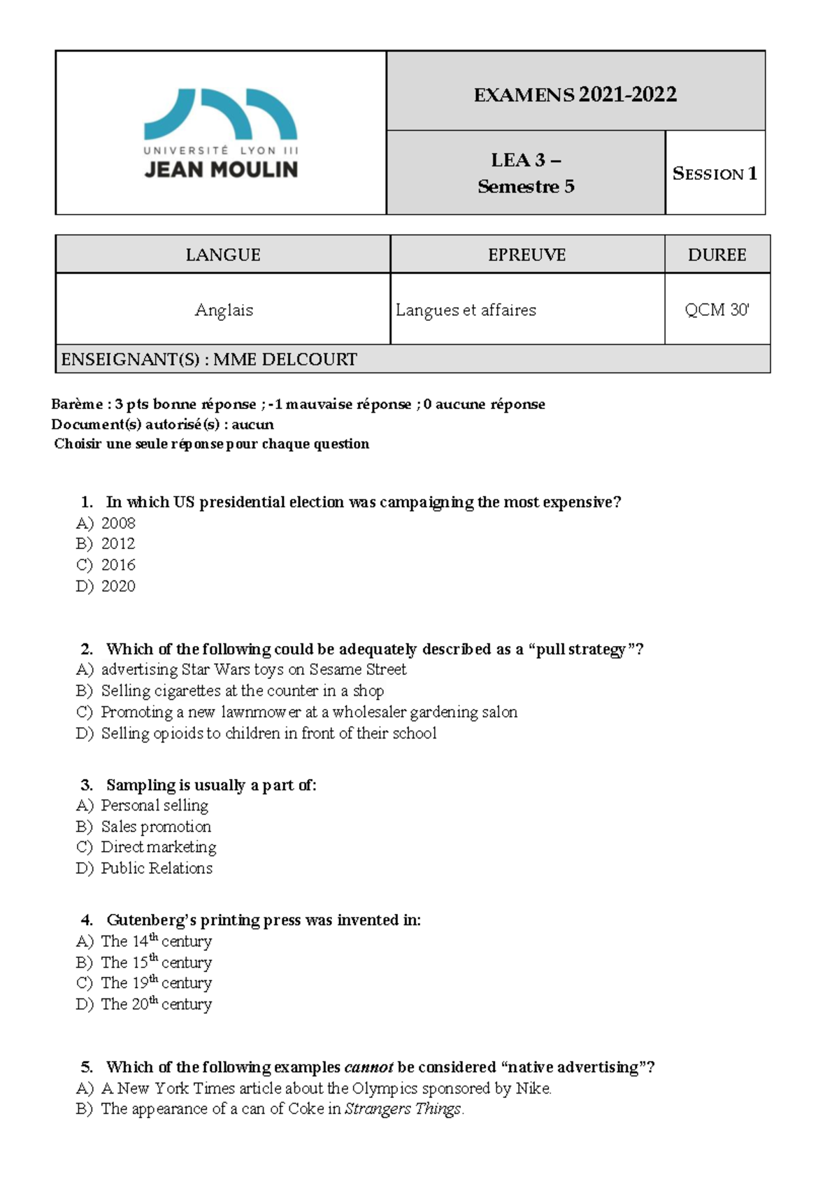 Examen Anglais LEA 3 Semestre 5 - Langues et Affaires QCM - Studocu
