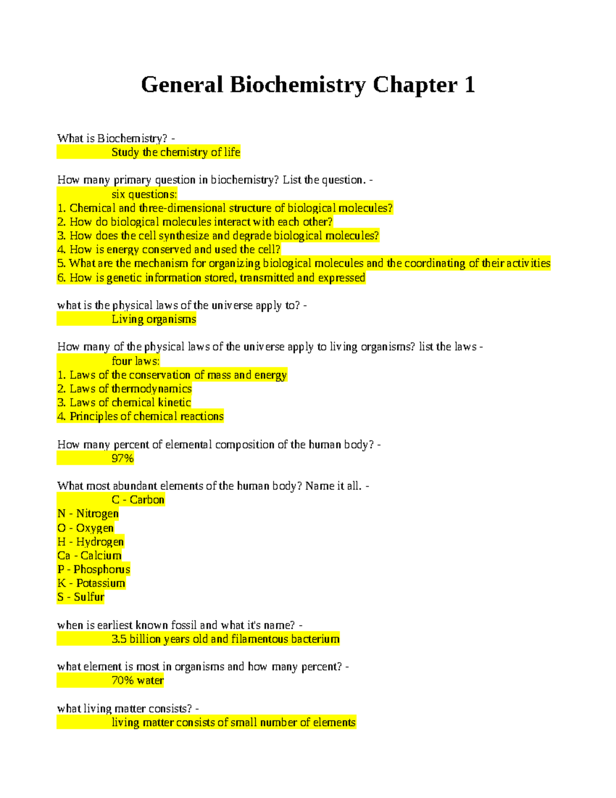 General Biochemistry CH1: Overview of Key Concepts and Principles - Studocu