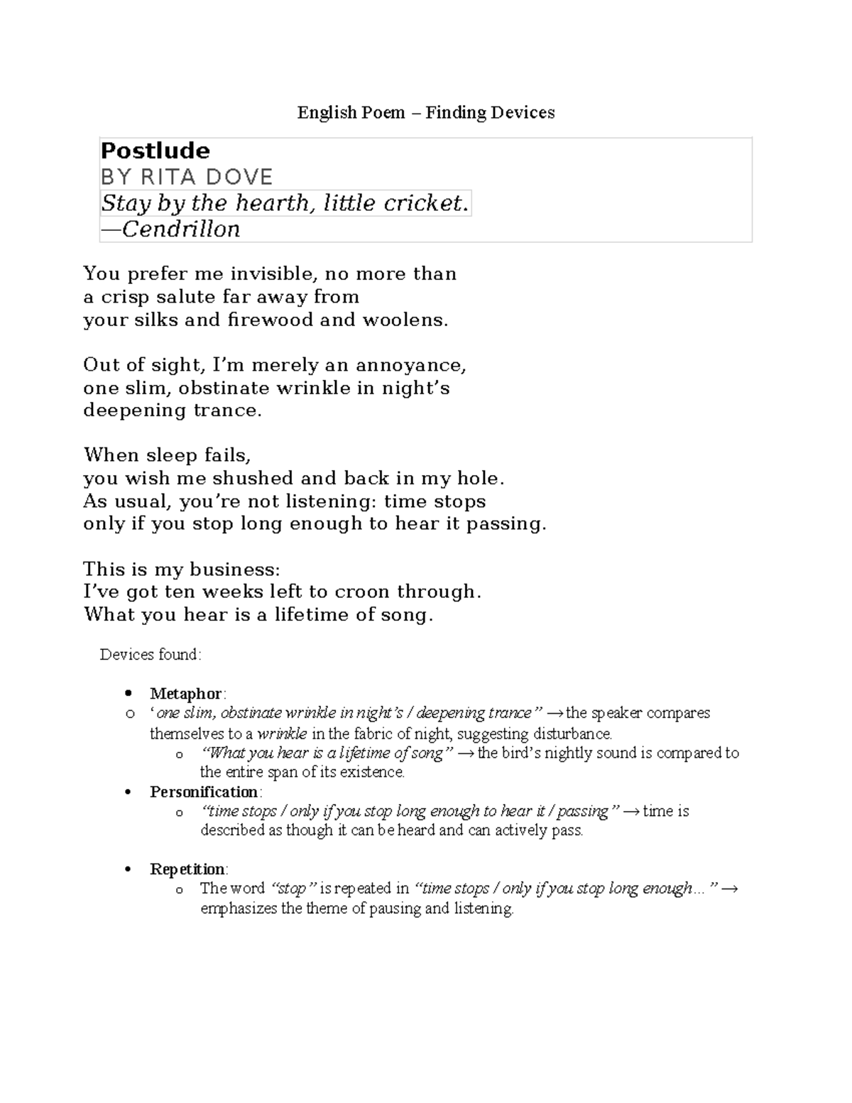 English Poem Analysis: Finding Devices in RITA DOVE's Work - Studeersnel