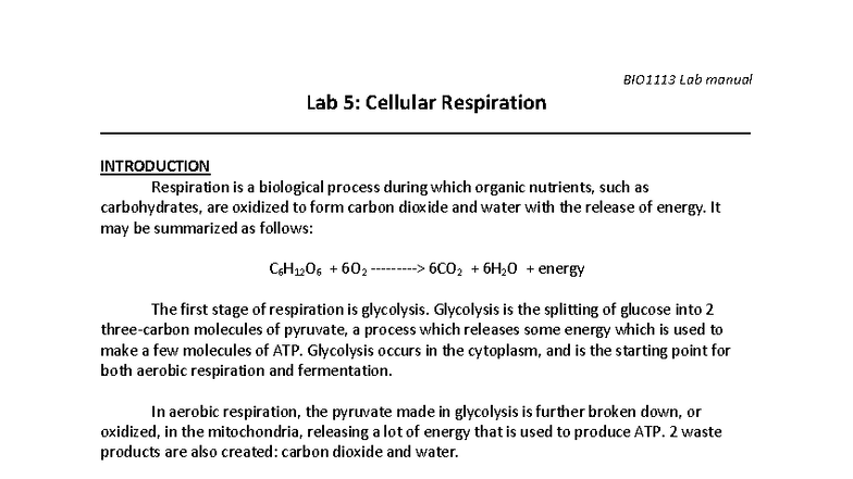Lab 5: Cellular Respiration Protocol & Assignment Guide - Studocu