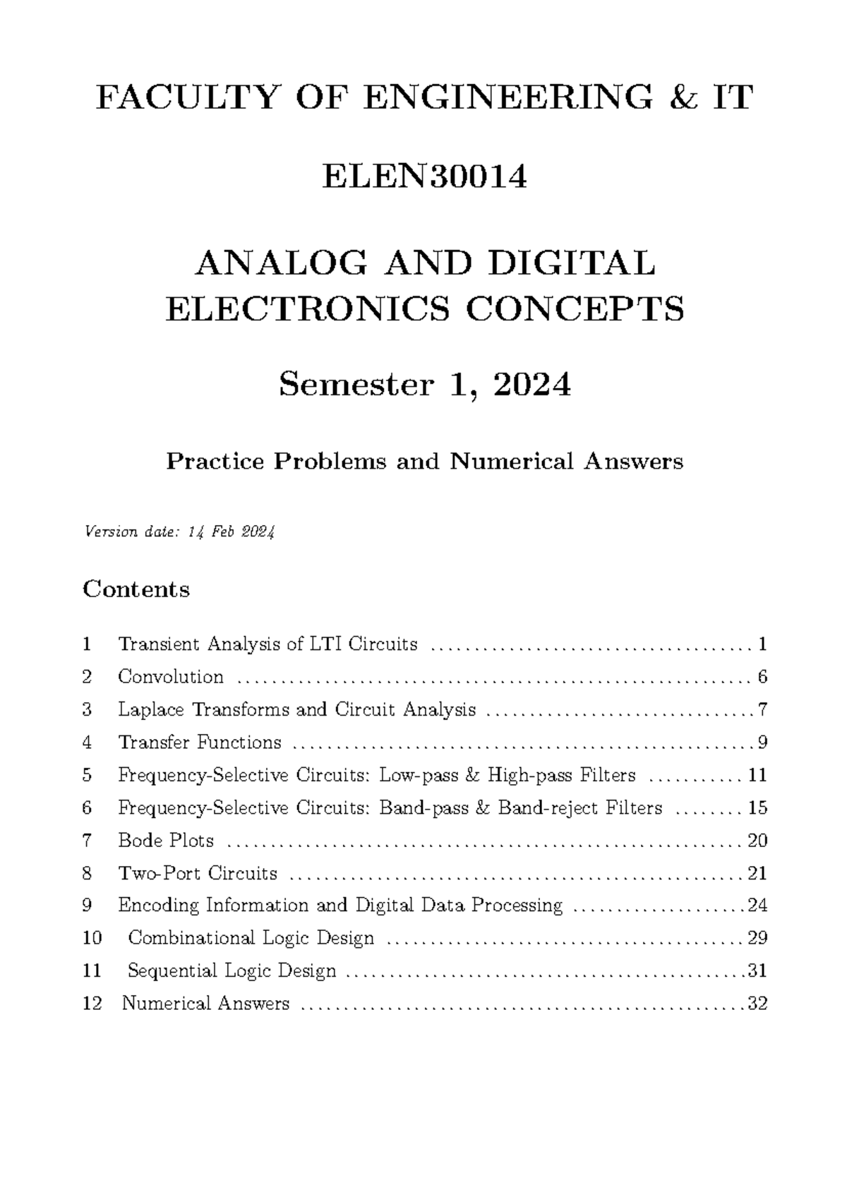 ADEC ELEN 2024 - Analog & Digital Electronics Concepts Problem Booklet - Studocu