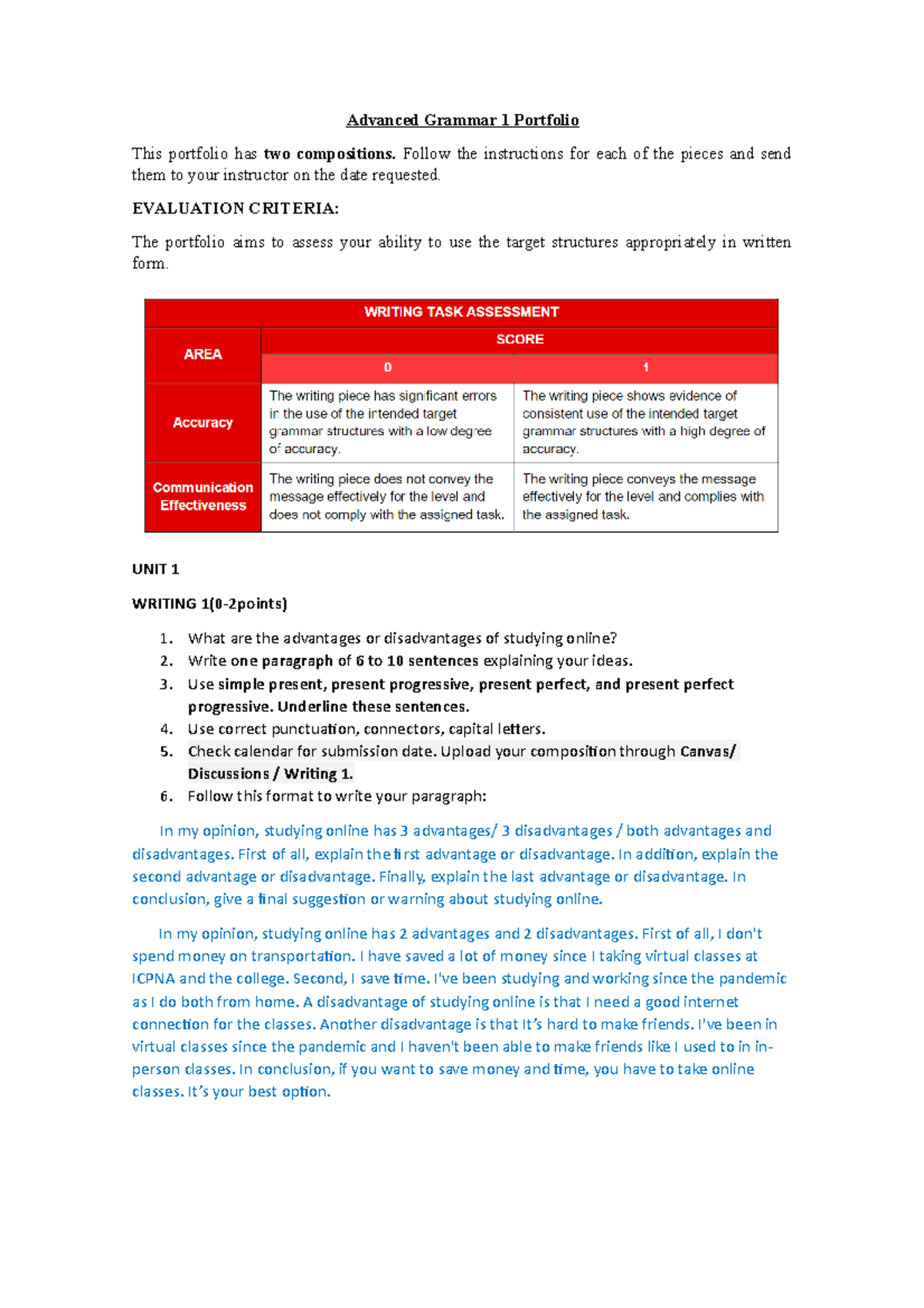 Writing 1 - ADV. 4 - ingles icpna - Advanced Grammar 1 Portfolio This ...