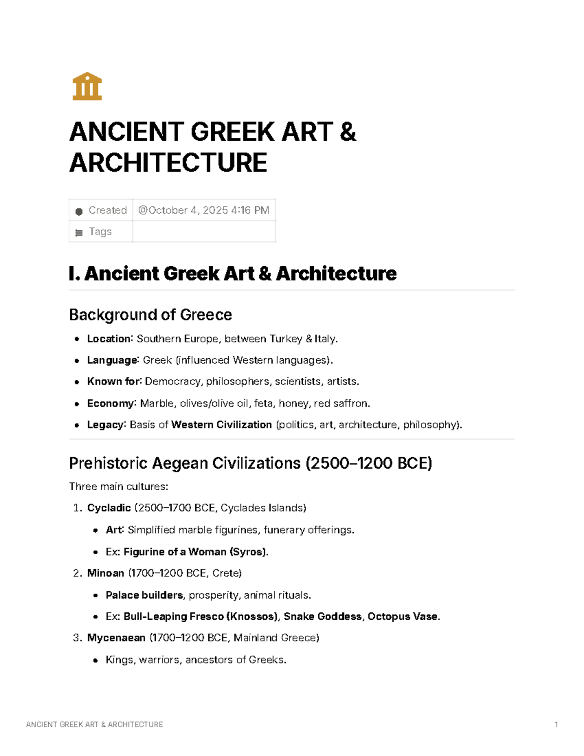 Ancient Greek Art & Architecture Overview (Course Code: ART101) - Studocu