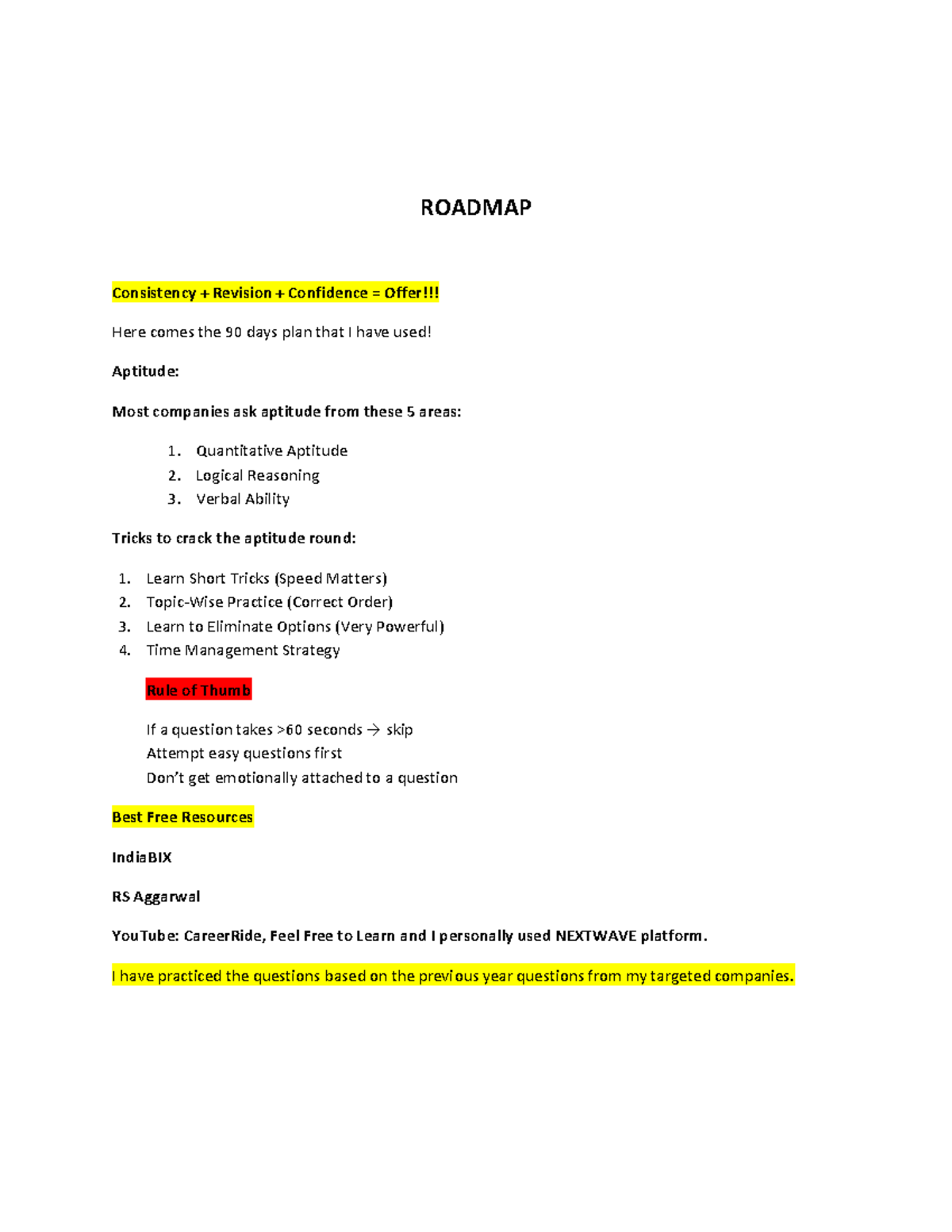 ROADMAP: 90-Day Plan for Cracking Interviews and Aptitude Tests - Studocu