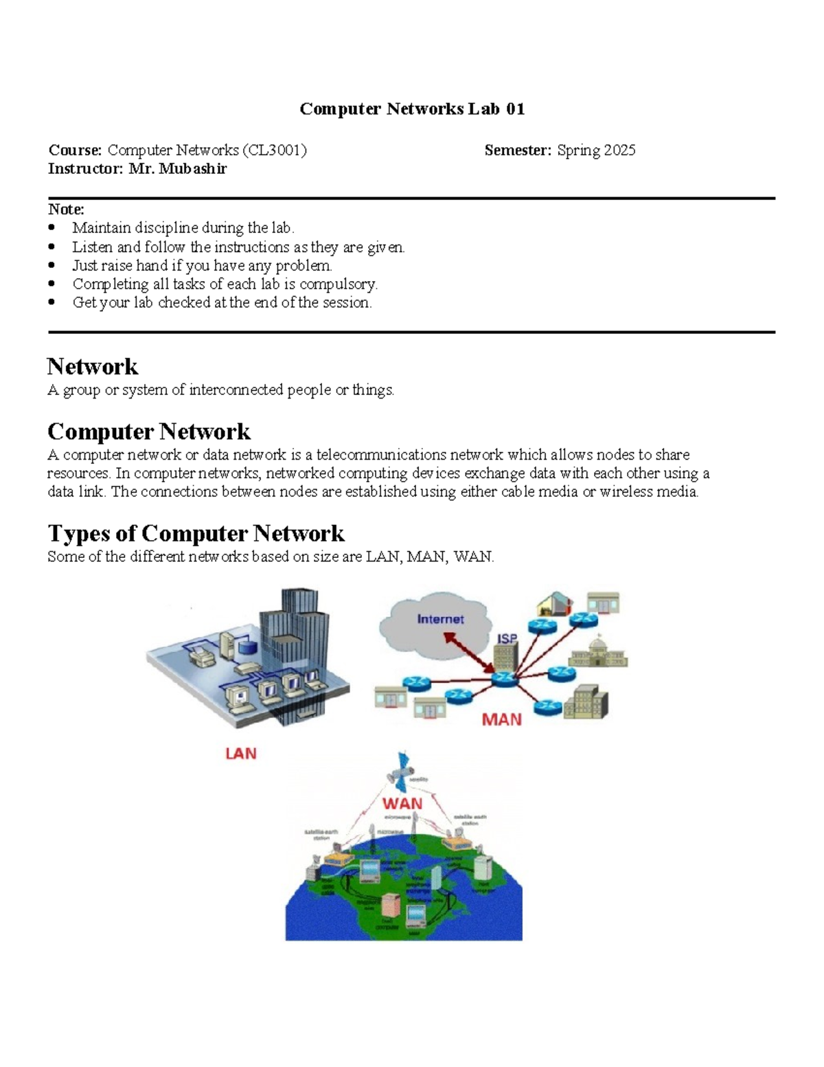 basic understanding of computer network concepts - Computer Networks Lab 01 Course: Computer ...