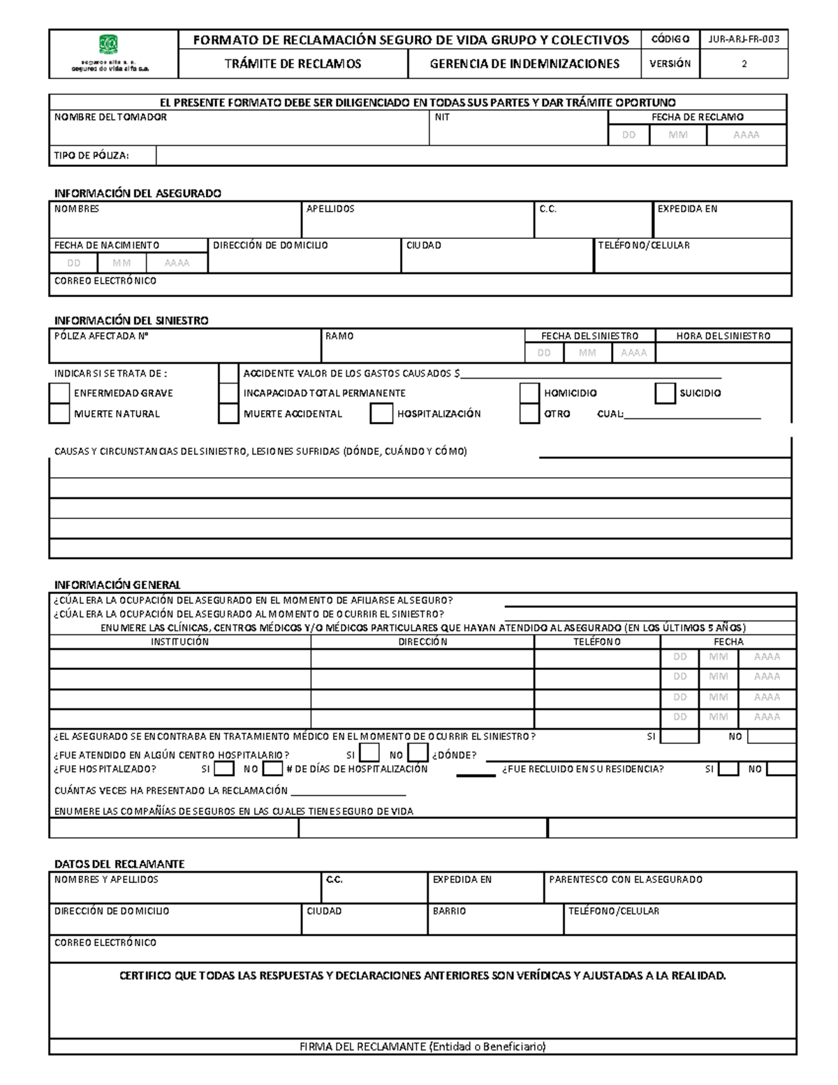 Formato De Reclamación De Seguro De Vida Grupo - Jur-Arj-Fr-003 - Studocu