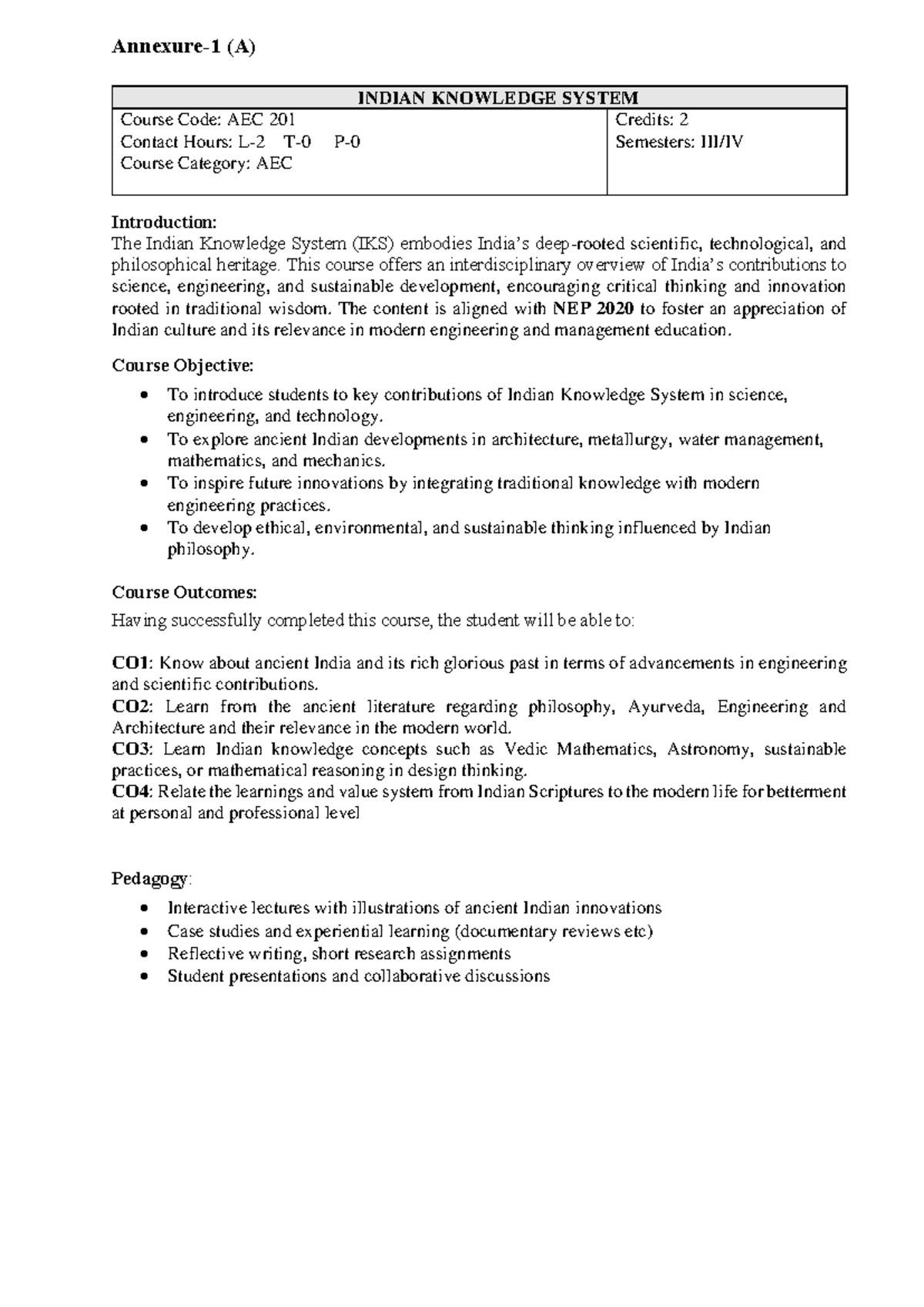 AEC 201: IKS Syllabus Overview and Course Objectives - Studocu