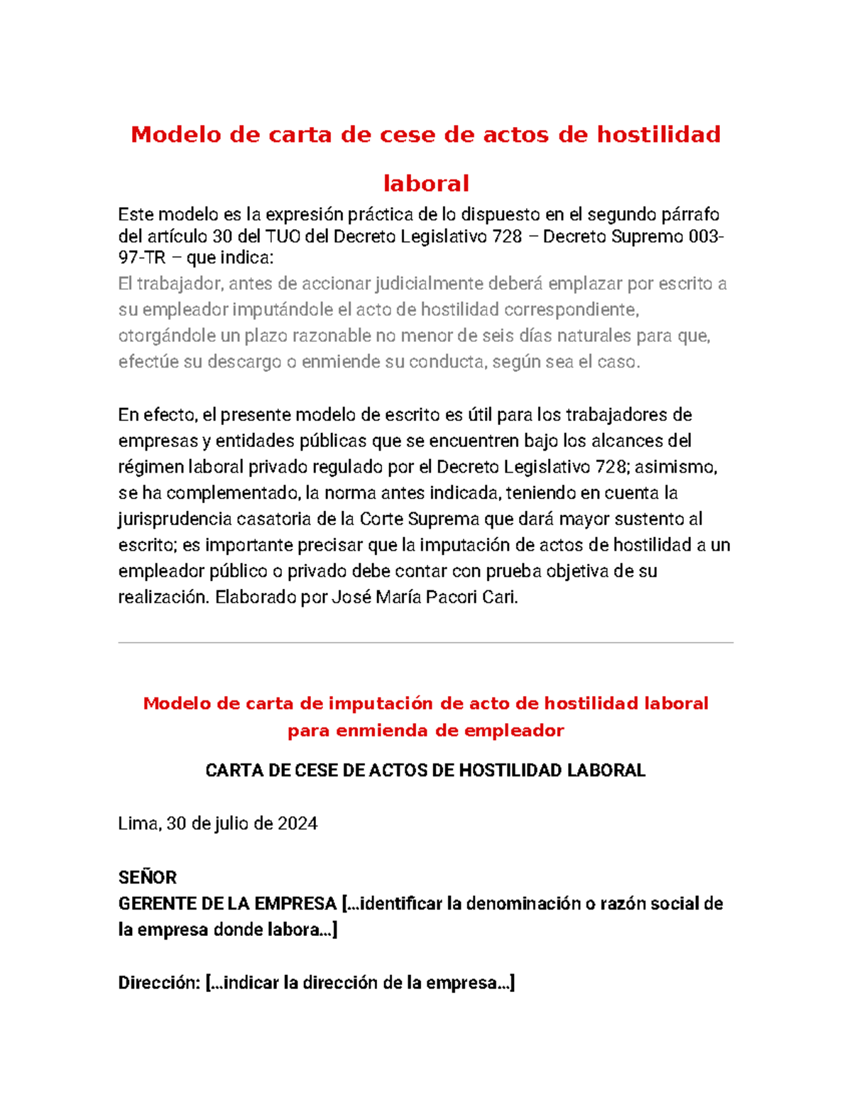 Modelo de Carta de Cese de Actos de Hostilidad Laboral - DL 728 - Studocu