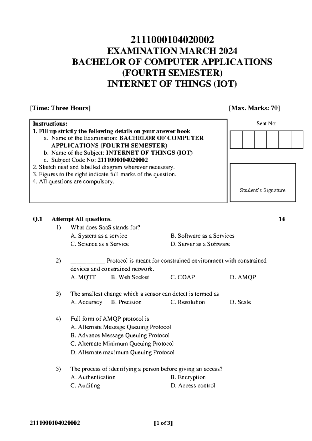 Bca 4th sem IOT - BCA SEM-4 IOT PYQ - 2111000104020002 [ 1 of 3 ...