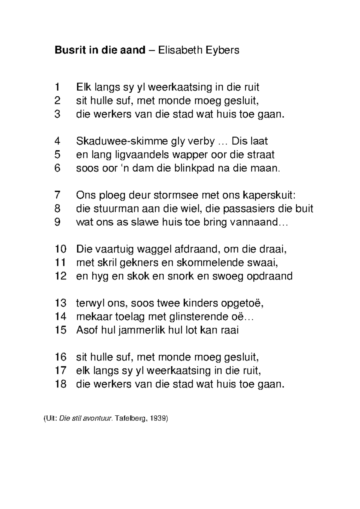 Busrit in die aand - Poësie ontleding van Elisabeth Eybers - Studocu