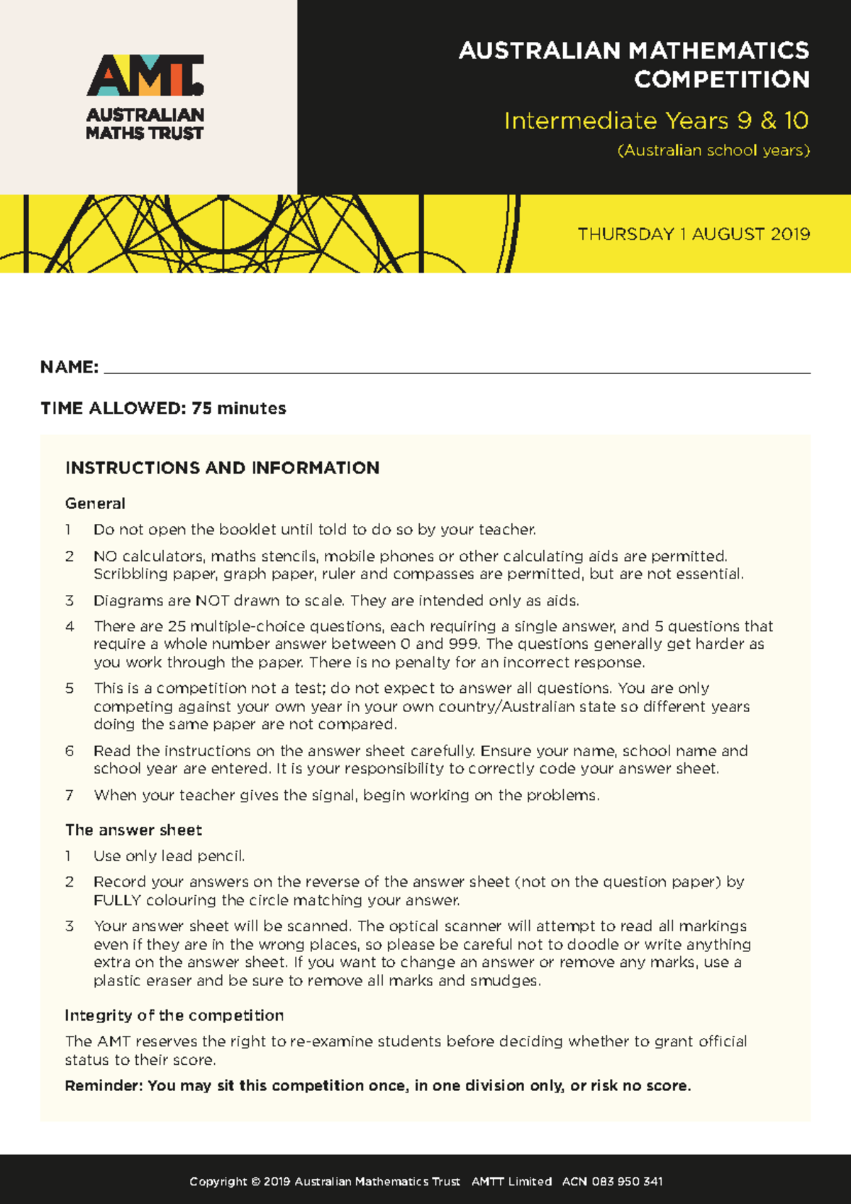 2019 AMC Intermediate mathematics competition questions and ...