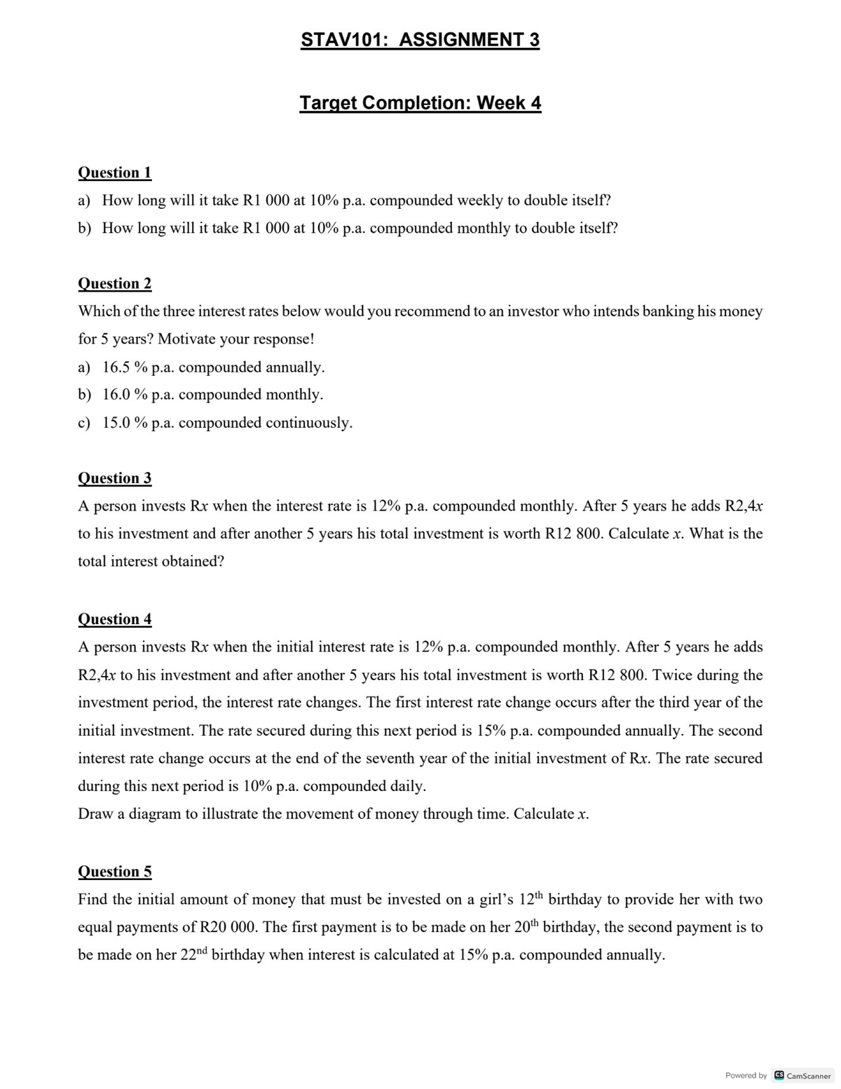 STAV101: Assignment 3 - Interest Rates and Investment Calculations ...