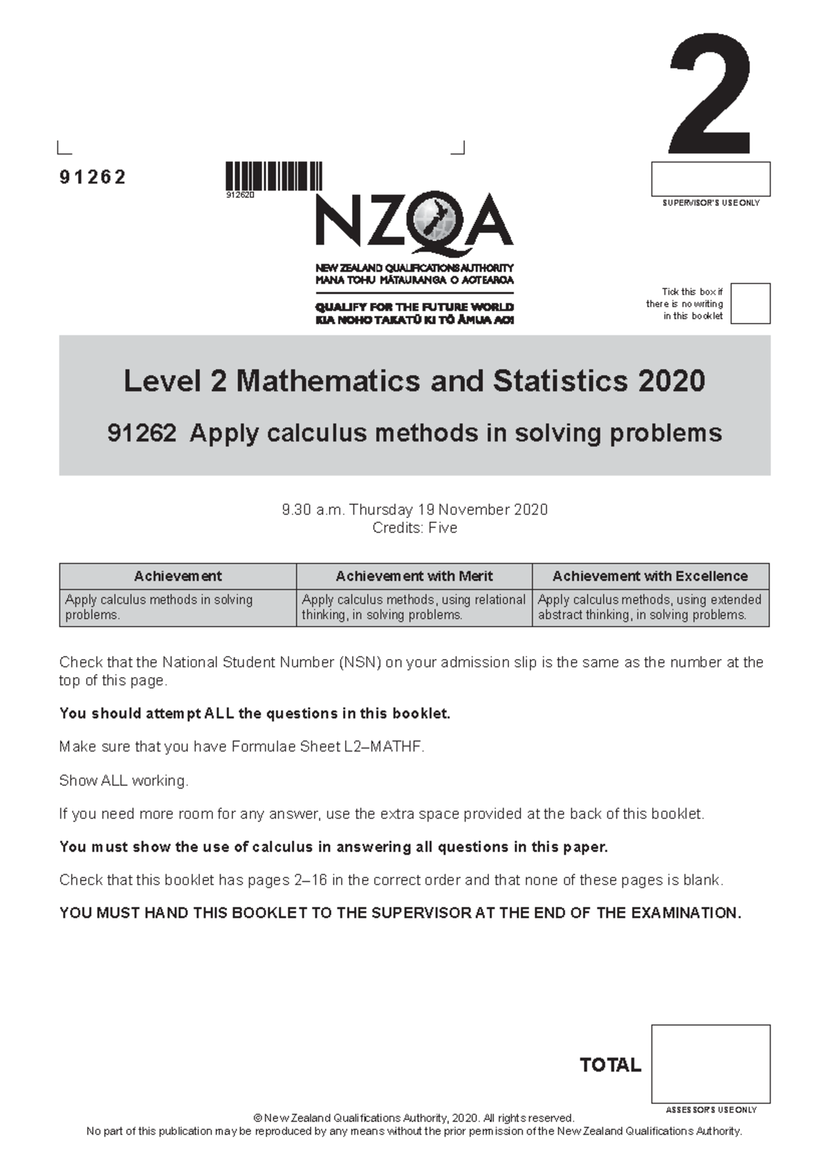 91262 - 2020 Level 2 Calculus Exam Past Paper with Solutions - Studocu