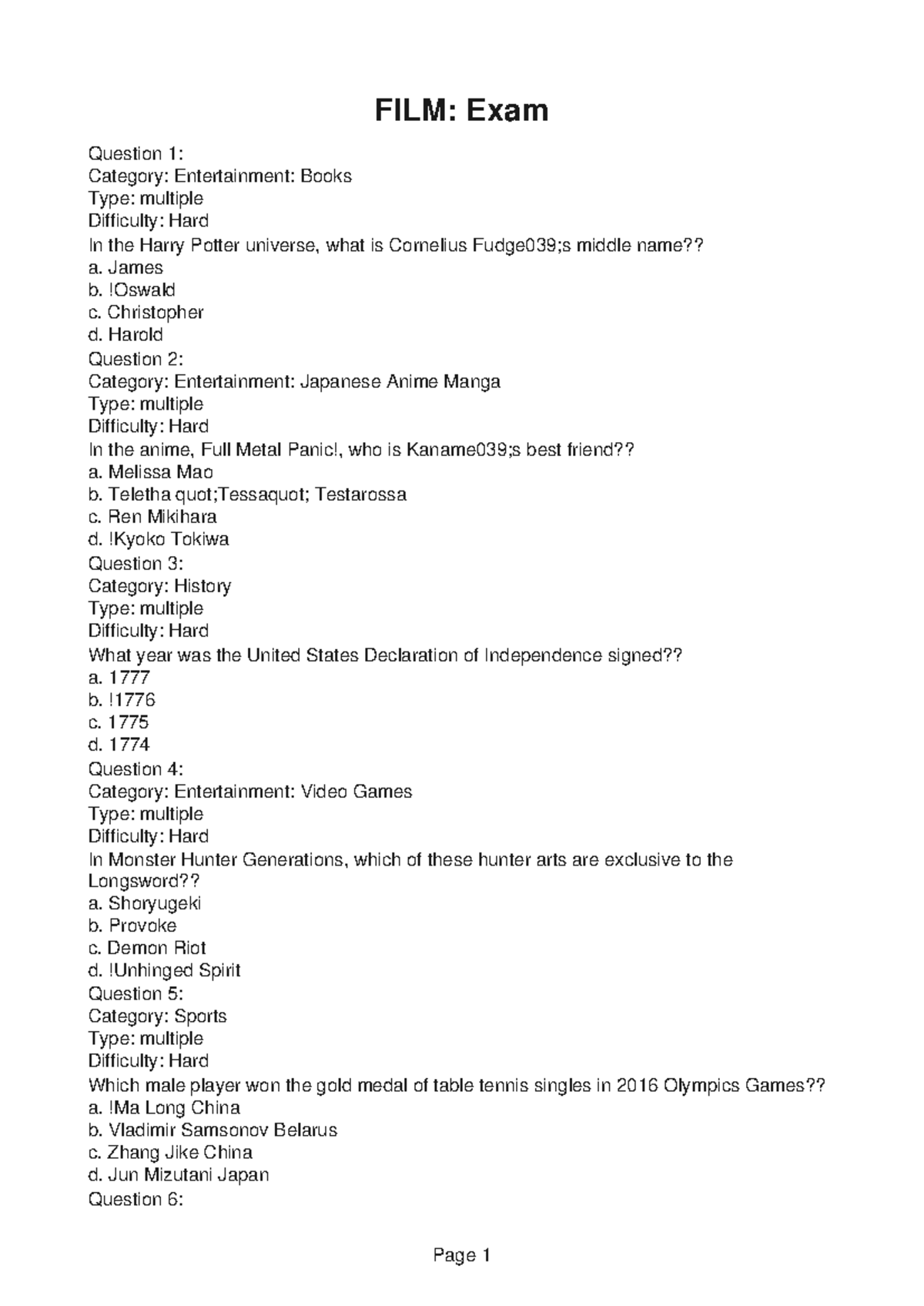 FILM152 Practice Problems 9 - FILM: Exam Question 1: Category ...