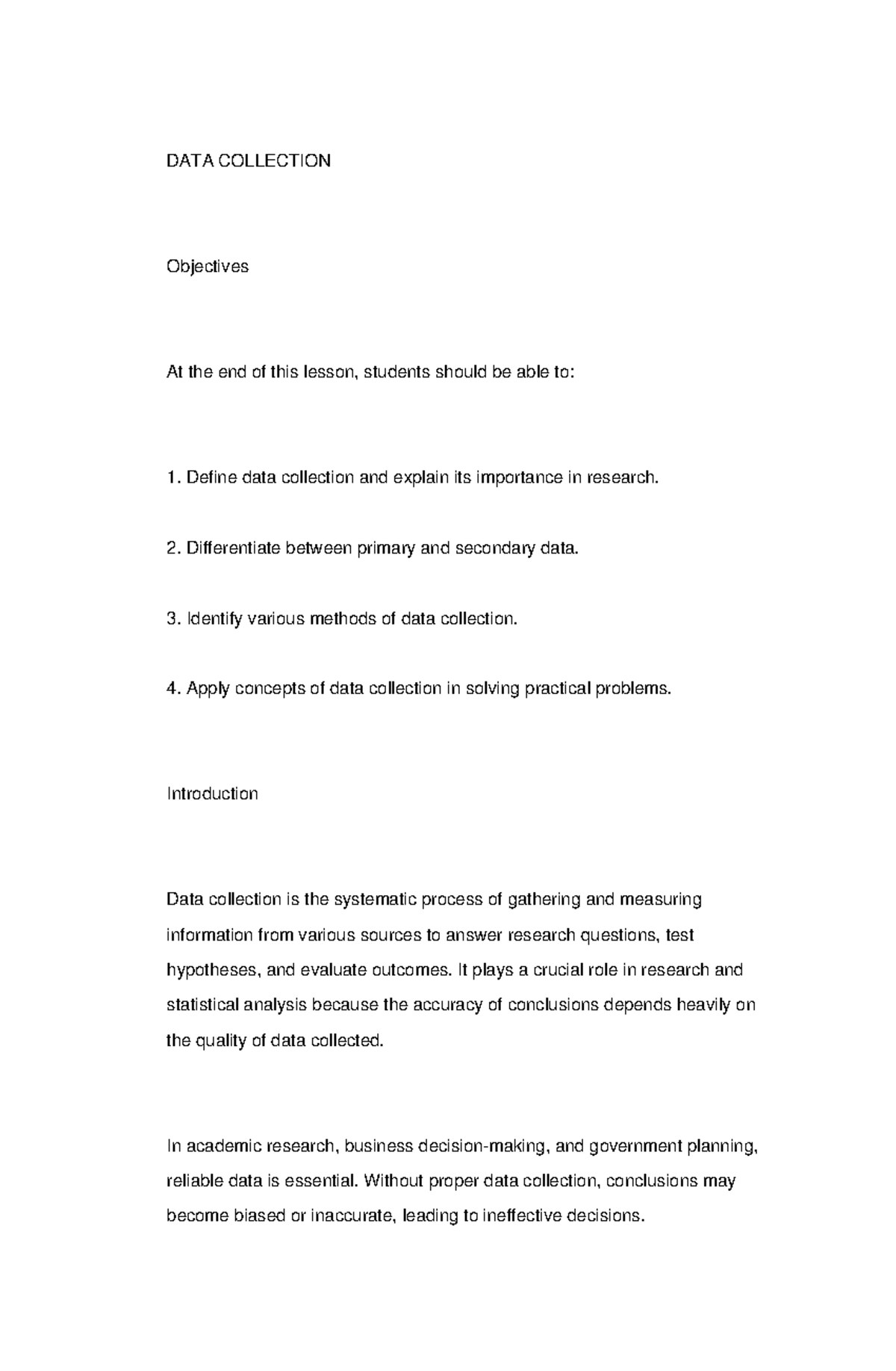 DATA COLLECTION: Methods & Importance in Research (Lesson) - Studocu