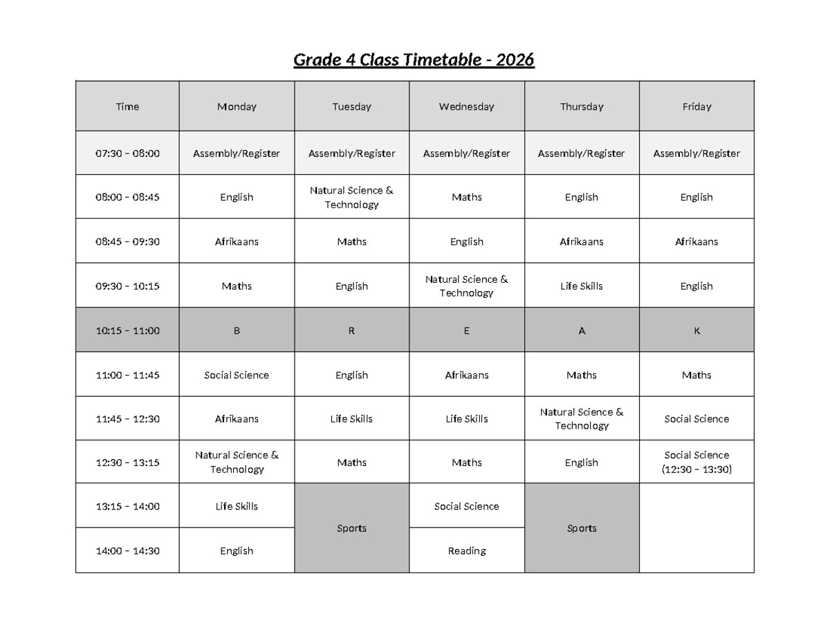 Grade 4-7 Class Teacher Timetable 2026 - Studocu