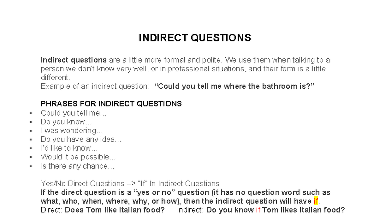 Indirect Questions Exercises: Polite Question Formation - Studocu