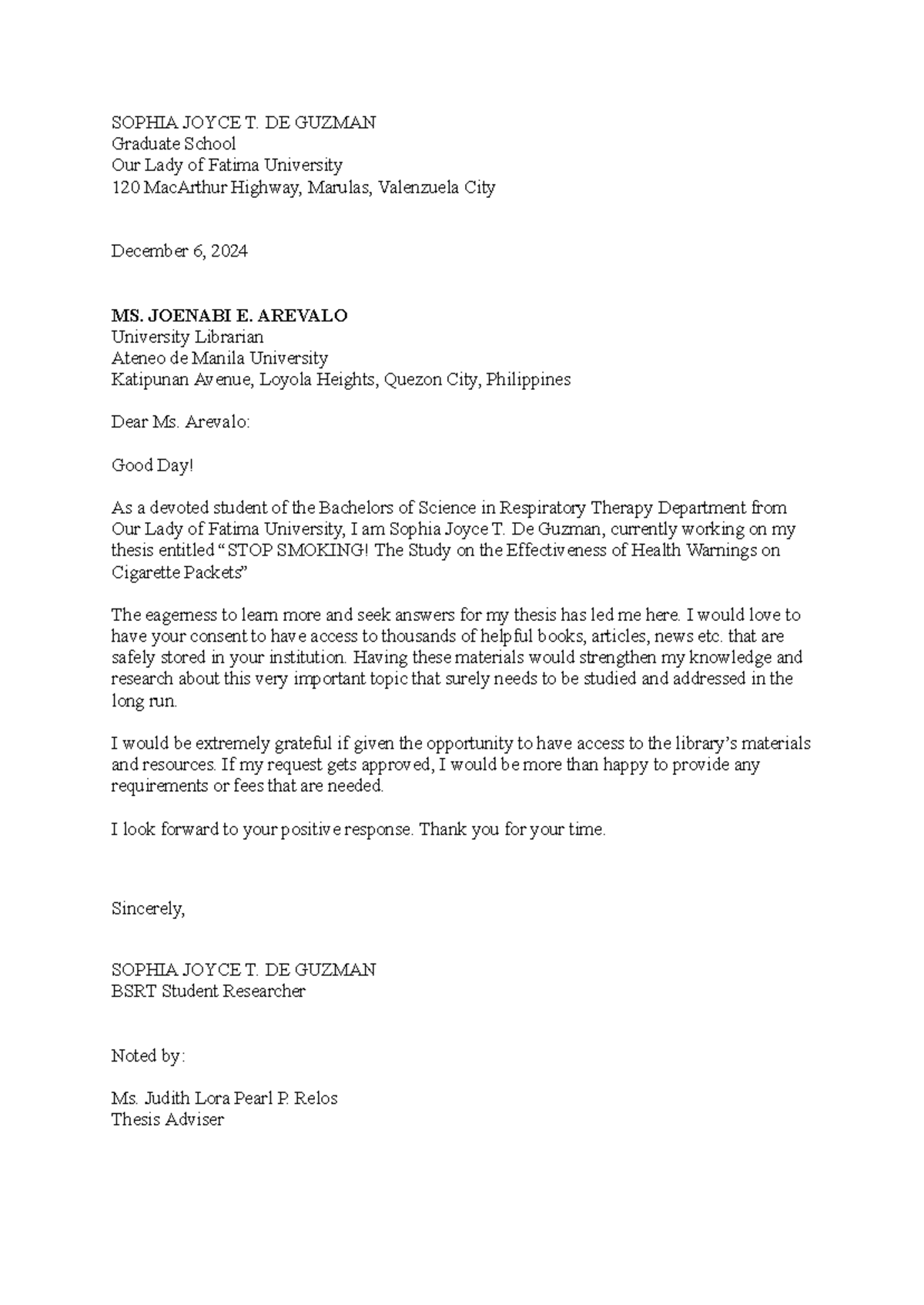 Example of a cover letter - SOPHIA JOYCE T. DE GUZMAN Graduate School ...