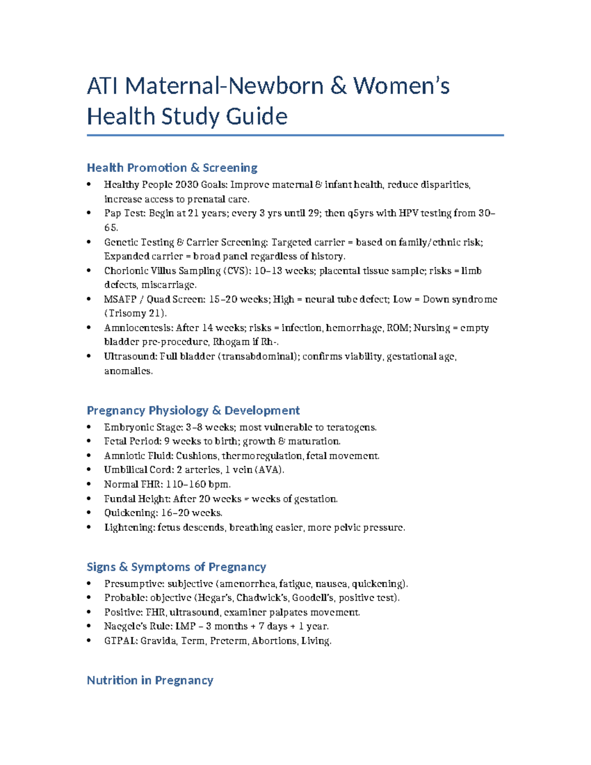 ATI Maternal Newborn Study Guide: Health Promotion & Screening - Studocu