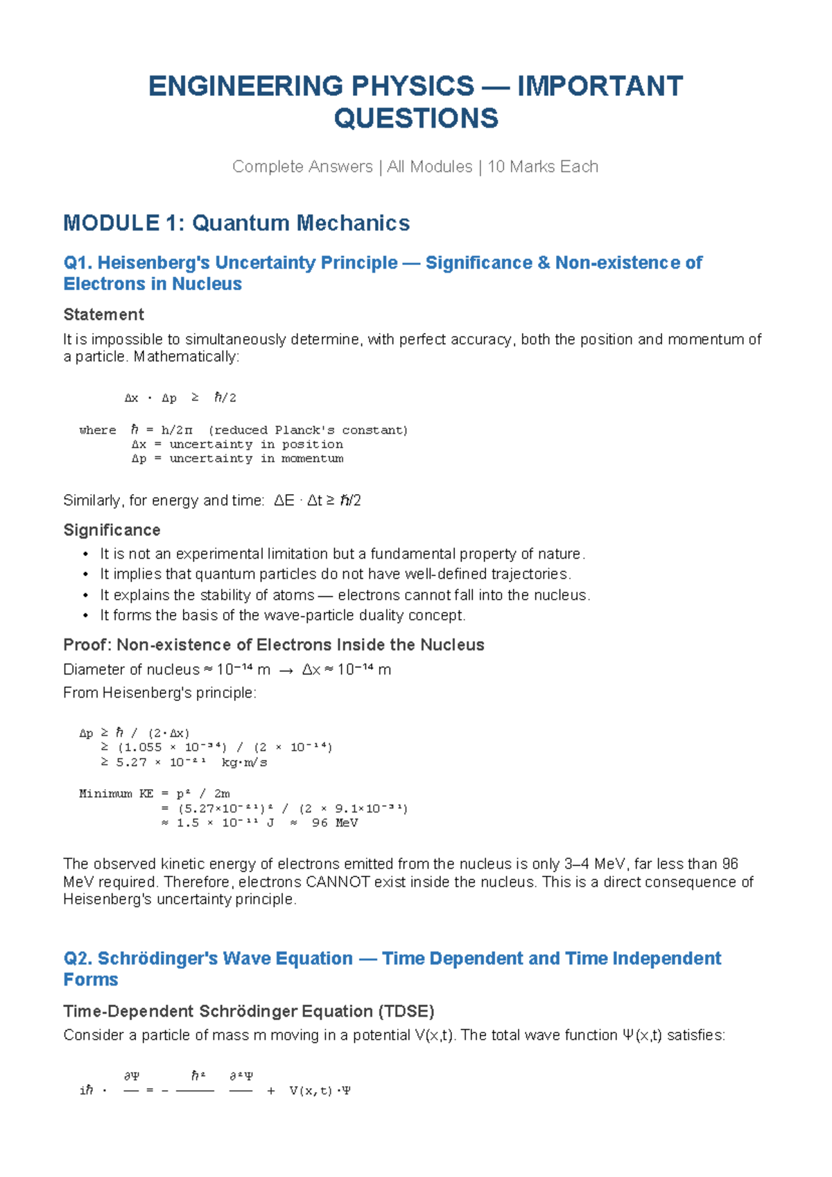 Engineering Physics Important Questions & Answers (All Modules) - Studocu