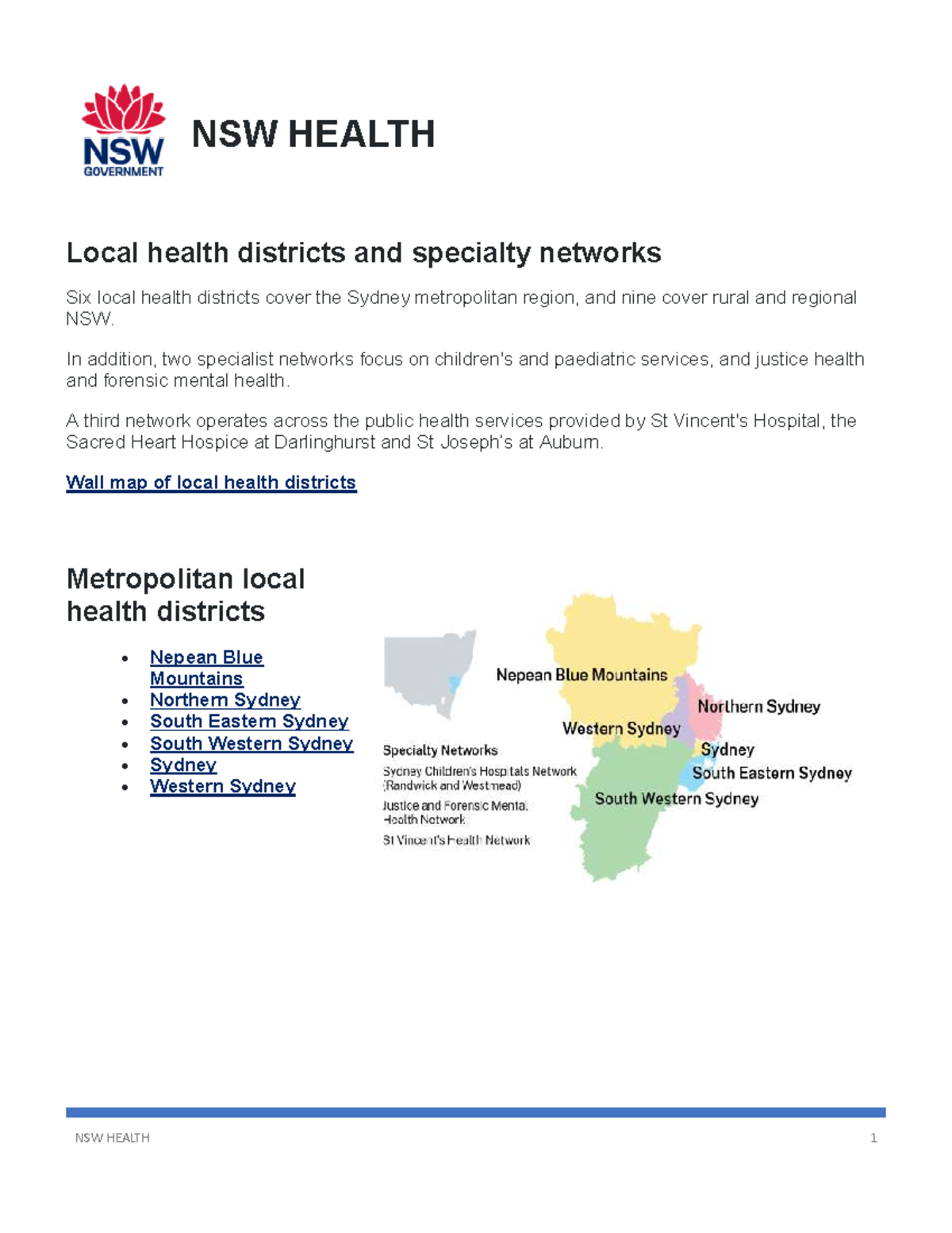 NSW Health Local health districts and specialty networks - NSW HEALTH 1 ...