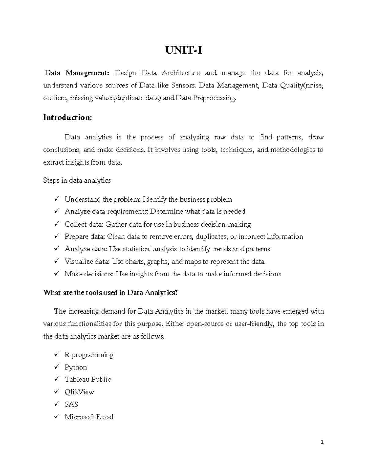 Data Management & Analytics: Unit I Notes (DA 101) - Studocu