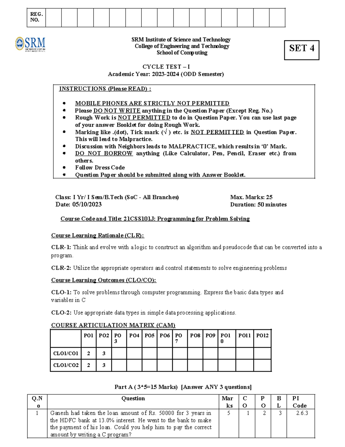 QP PPS CT1 SET 4 - CT QP - SET 4 REG. NO. SRM Institute of Science and ...