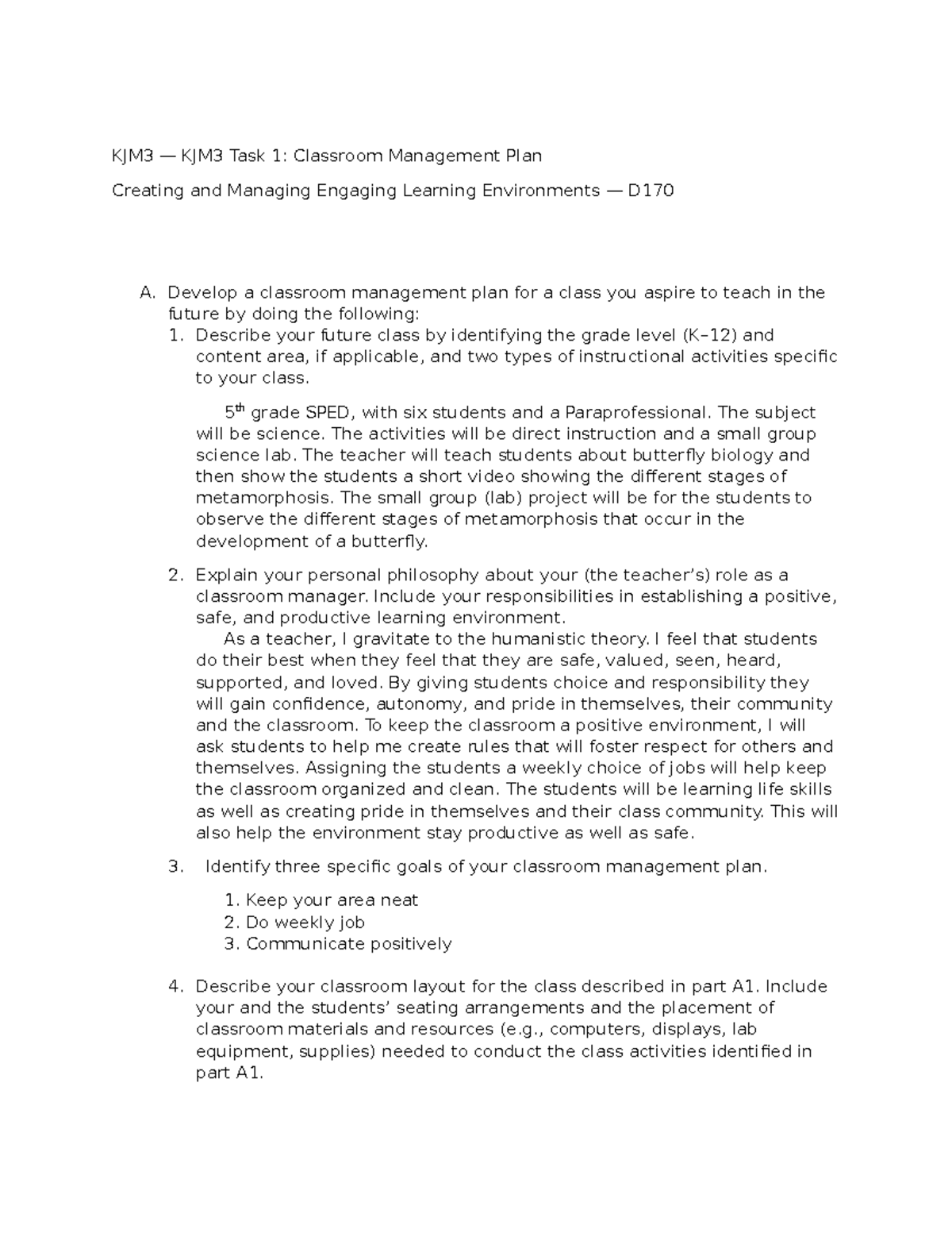 KJM3 Task 1: Classroom Management Plan for 5th Grade SPED Science Class ...