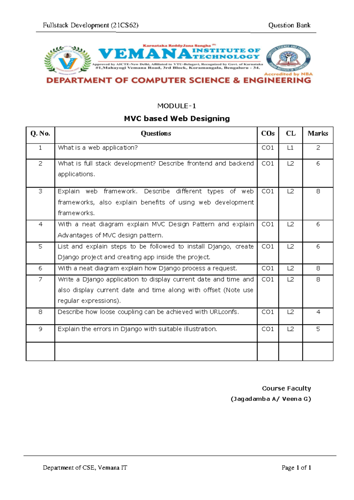 FSD 21CS62 Module 1 Question Bank: MVC Design & Django Concepts - Studocu