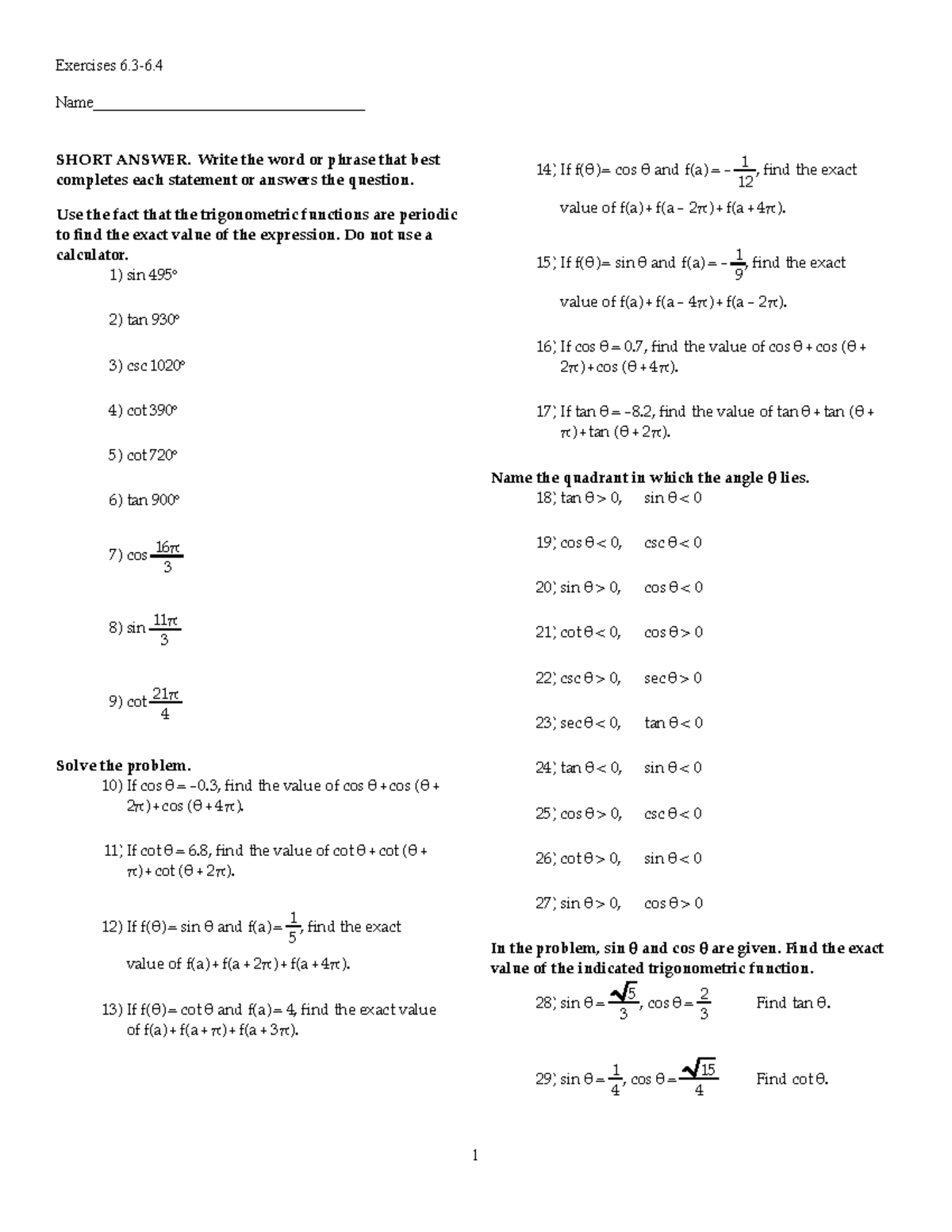 Trigonometry Worksheet & Answer Key (6-3, 6-4) - Short Answer Exercises ...
