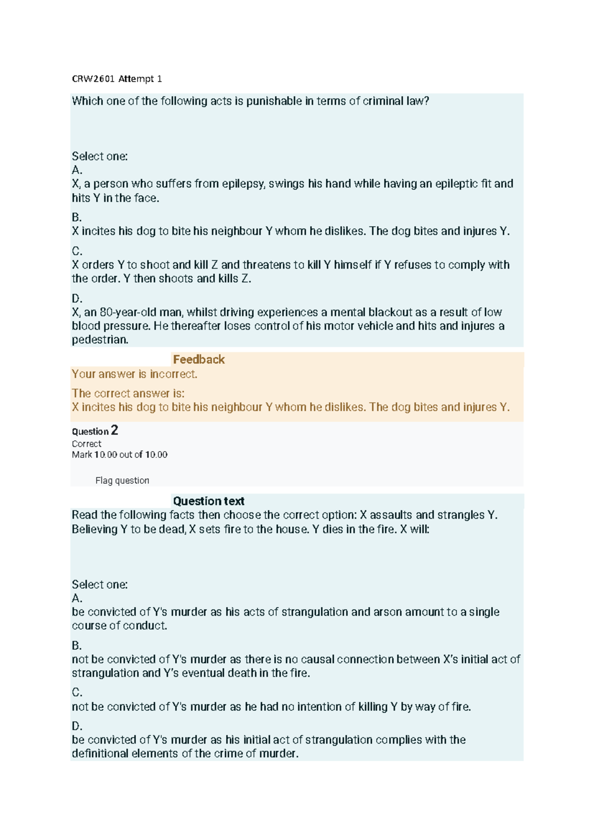 CRW2601 Criminal Law Quiz Attempt 1: Key Concepts and Scenarios - Studocu