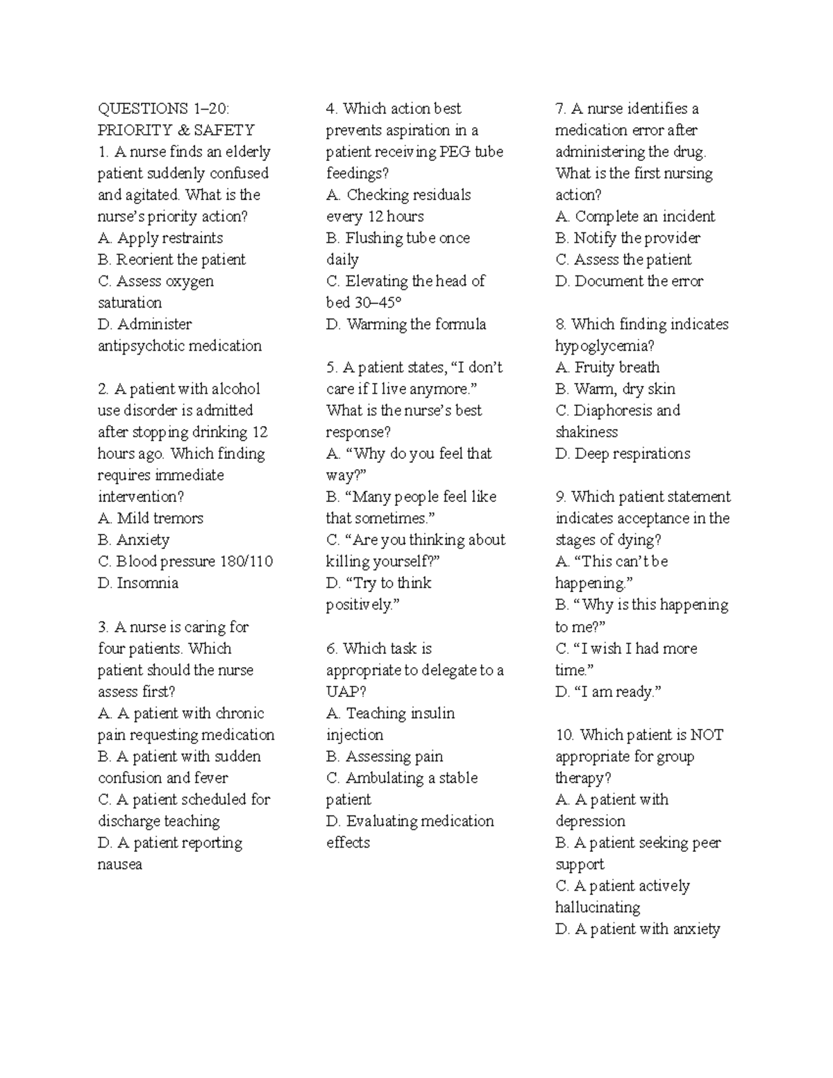 NCLEX Review: Priority Questions for Final Exam Preparation - Studocu